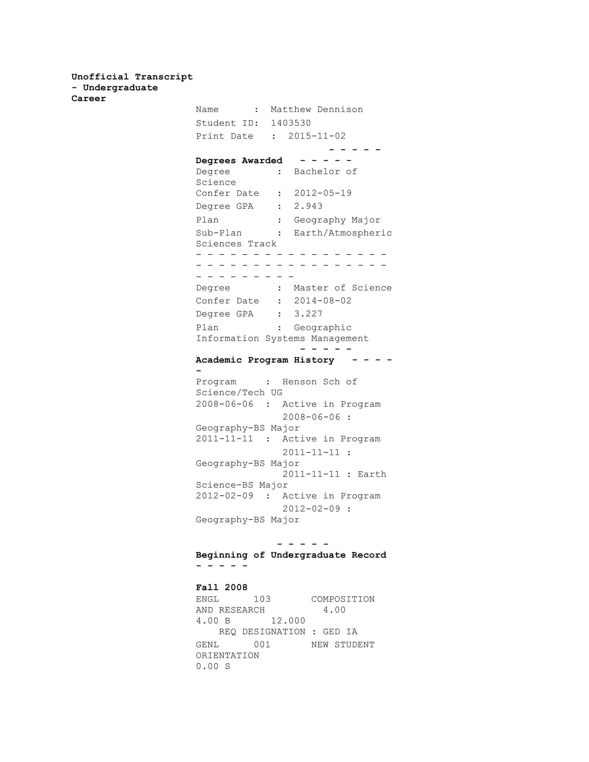 Unofficial Transcript | PDF