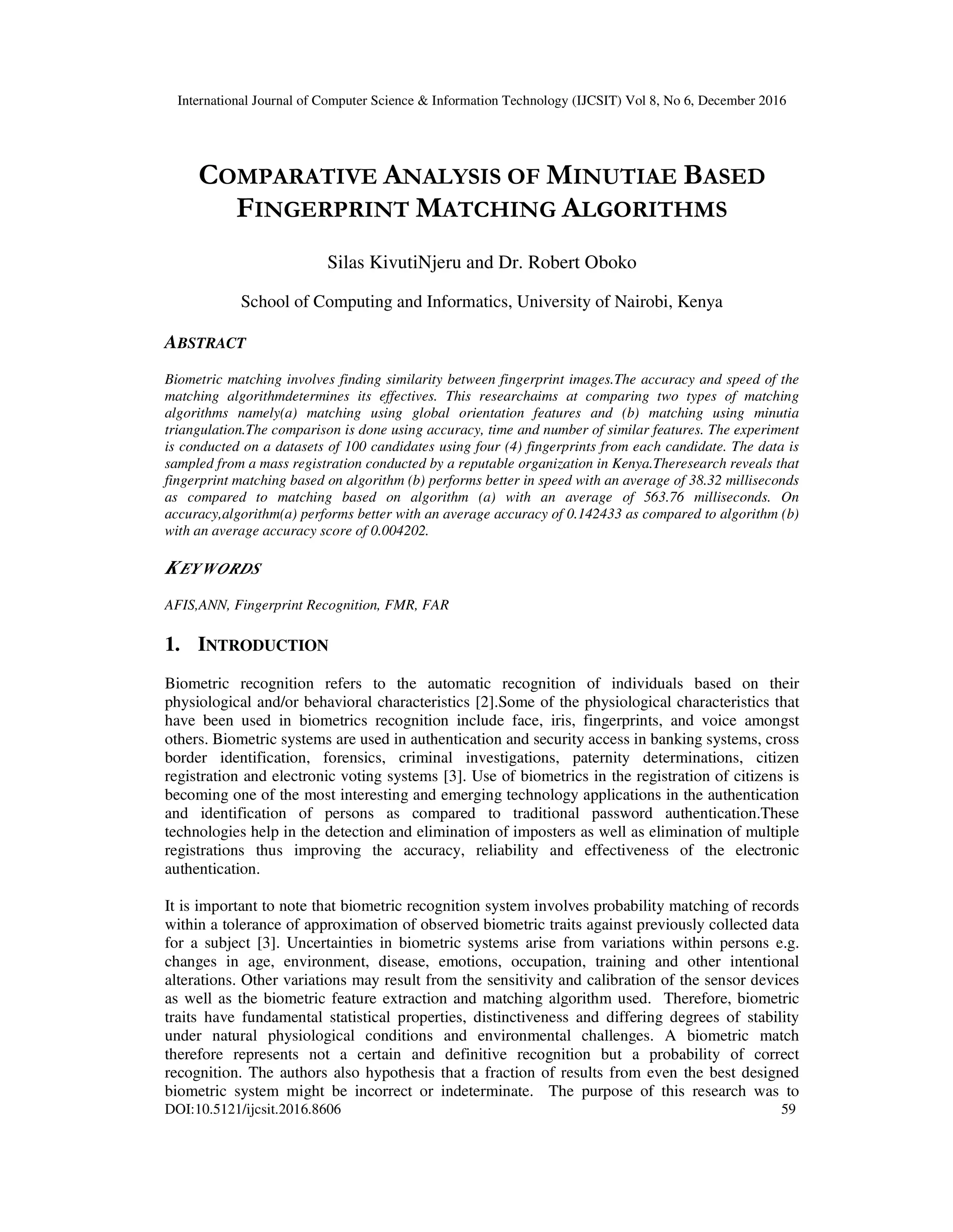Comparative Analysis Of Minutiae Based Fingerprint Matching Algorithms Pdf