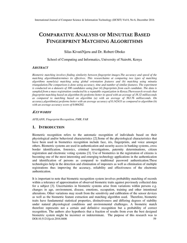 COMPARATIVE ANALYSIS OF MINUTIAE BASED FINGERPRINT MATCHING ALGORITHMS ...