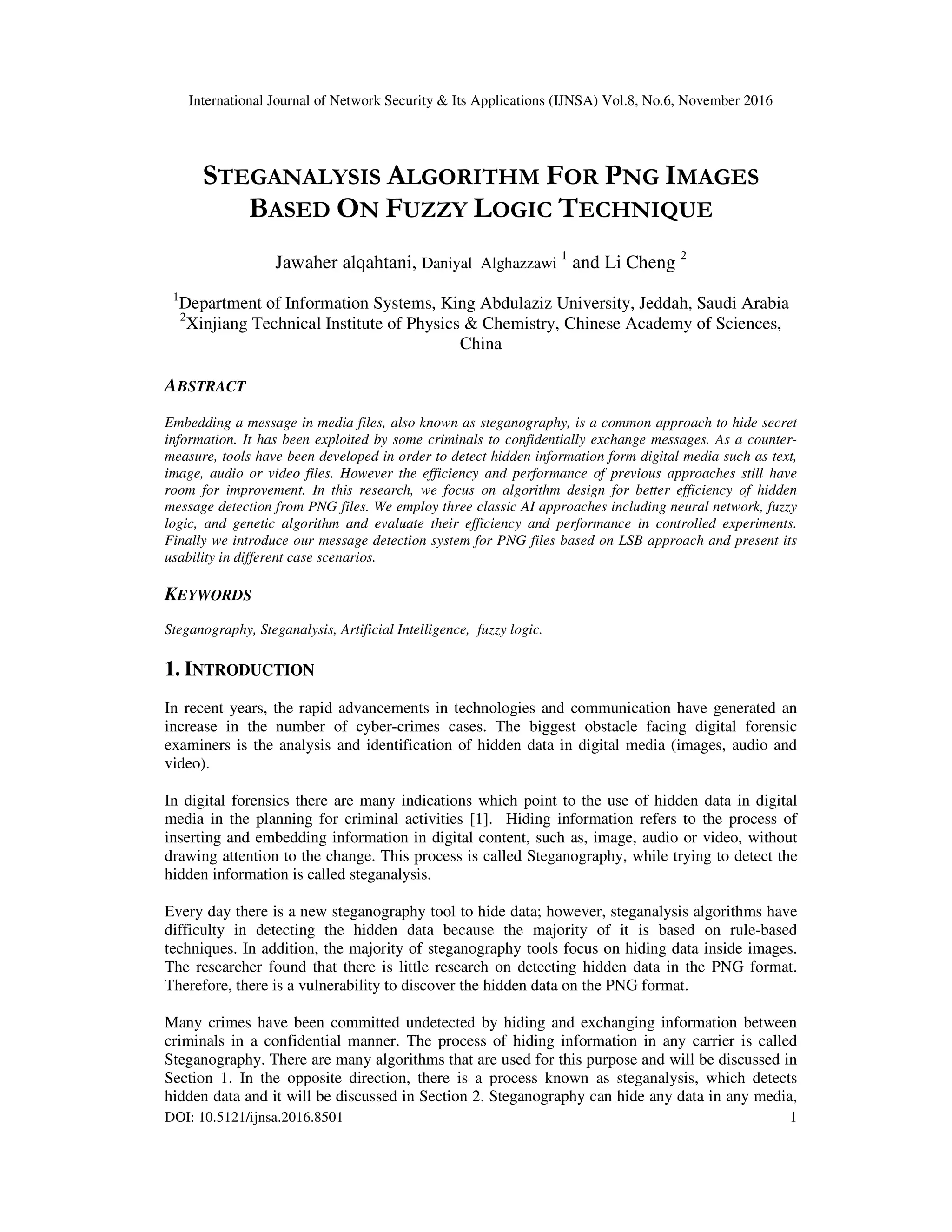 STEGANALYSIS ALGORITHM FOR PNG IMAGES BASED ON FUZZY LOGIC TECHNIQUE | PDF