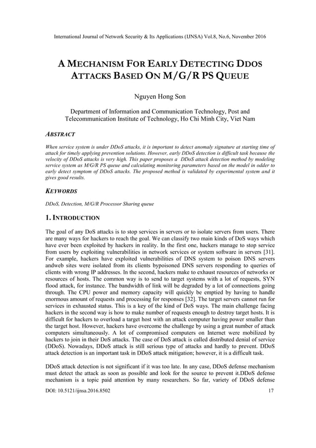 A MECHANISM FOR EARLY DETECTING DDOS ATTACKS BASED ON M/G/R PS QUEUE | PDF