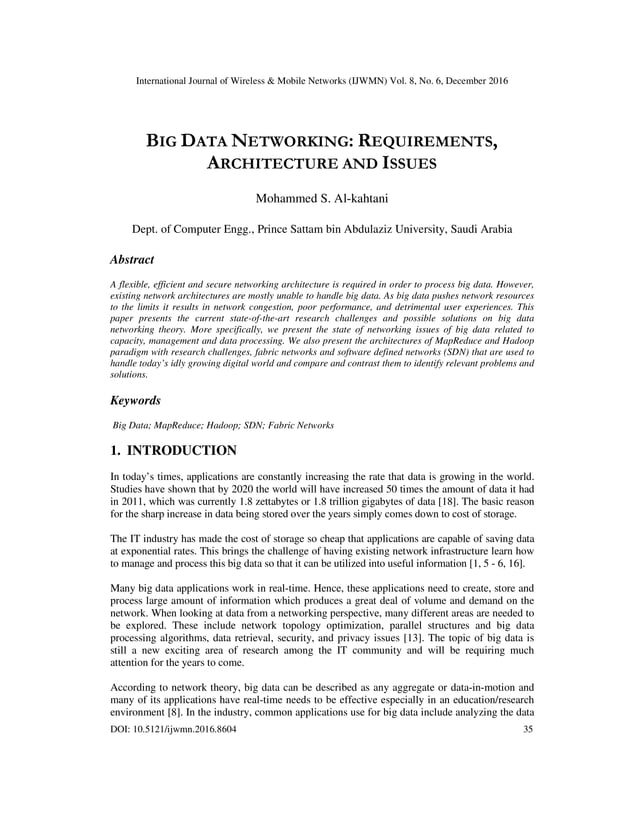 BIG DATA NETWORKING: REQUIREMENTS, ARCHITECTURE AND ISSUES | PDF