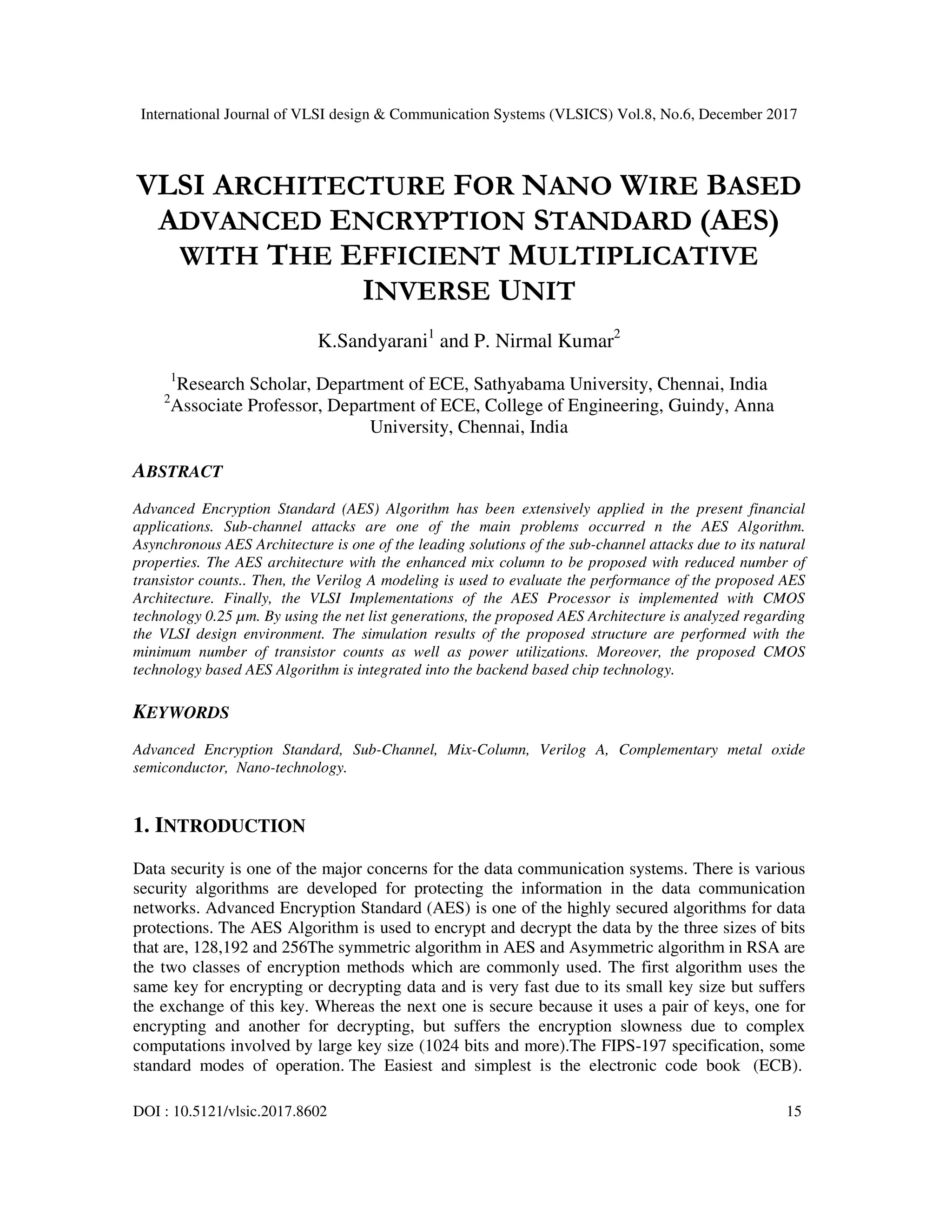Vlsi Architecture For Nano Wire Based Advanced Encryption Standard Aes With The Efficient