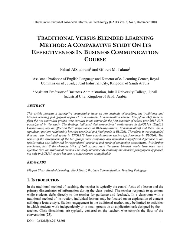 TRADITIONAL VERSUS BLENDED LEARNING METHOD: A COMPARATIVE STUDY ON ITS EFFECTIVENESS IN BUSINESS ...