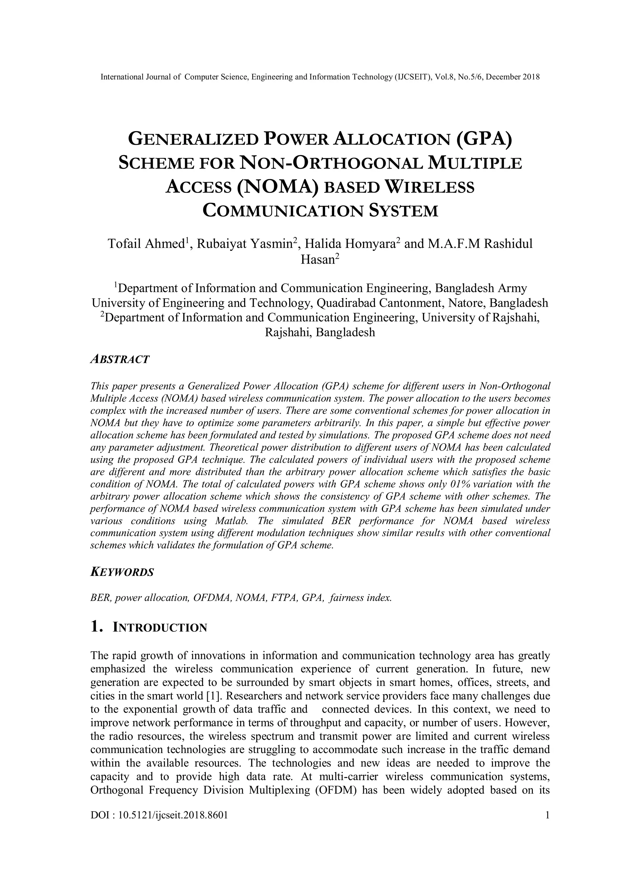 GENERALIZED POWER ALLOCATION (GPA) SCHEME FOR NON-ORTHOGONAL MULTIPLE ACCESS (NOMA) BASED ...