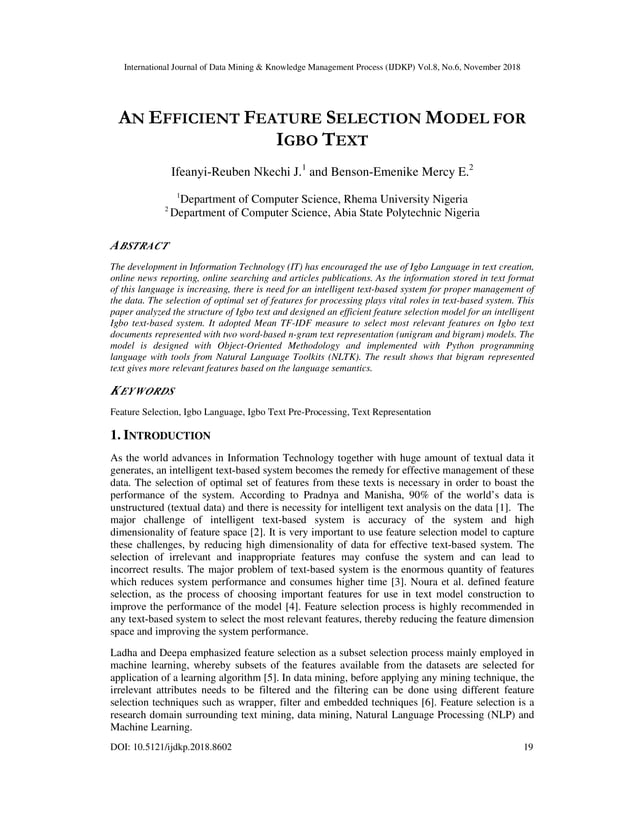 An Efficient Feature Selection Model For Igbo Text Pdf