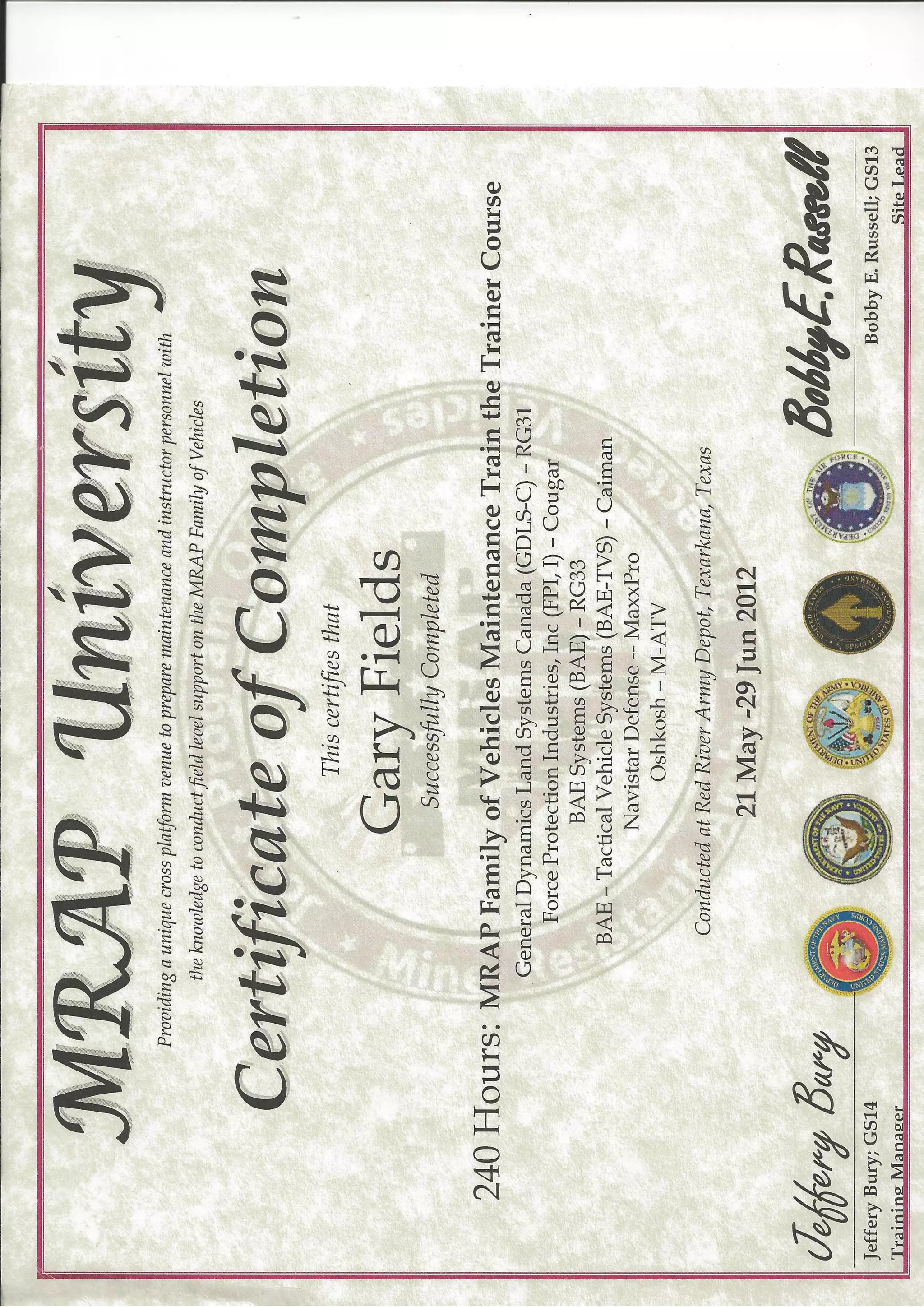 Gary Fields MRAP CERT= | PDF