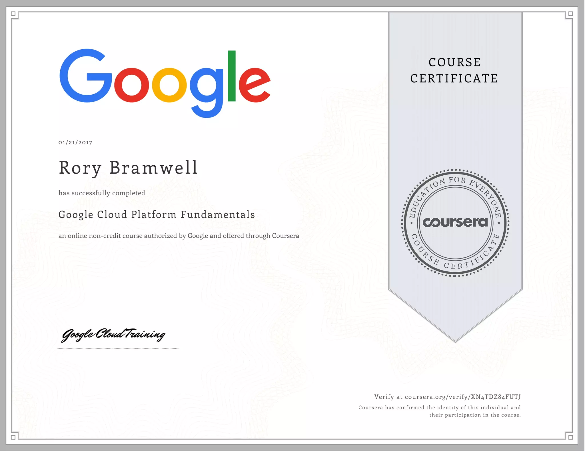 Google Cloud Platform Fundamentals - Coursera XN4TDZ84FUTJ | PPT