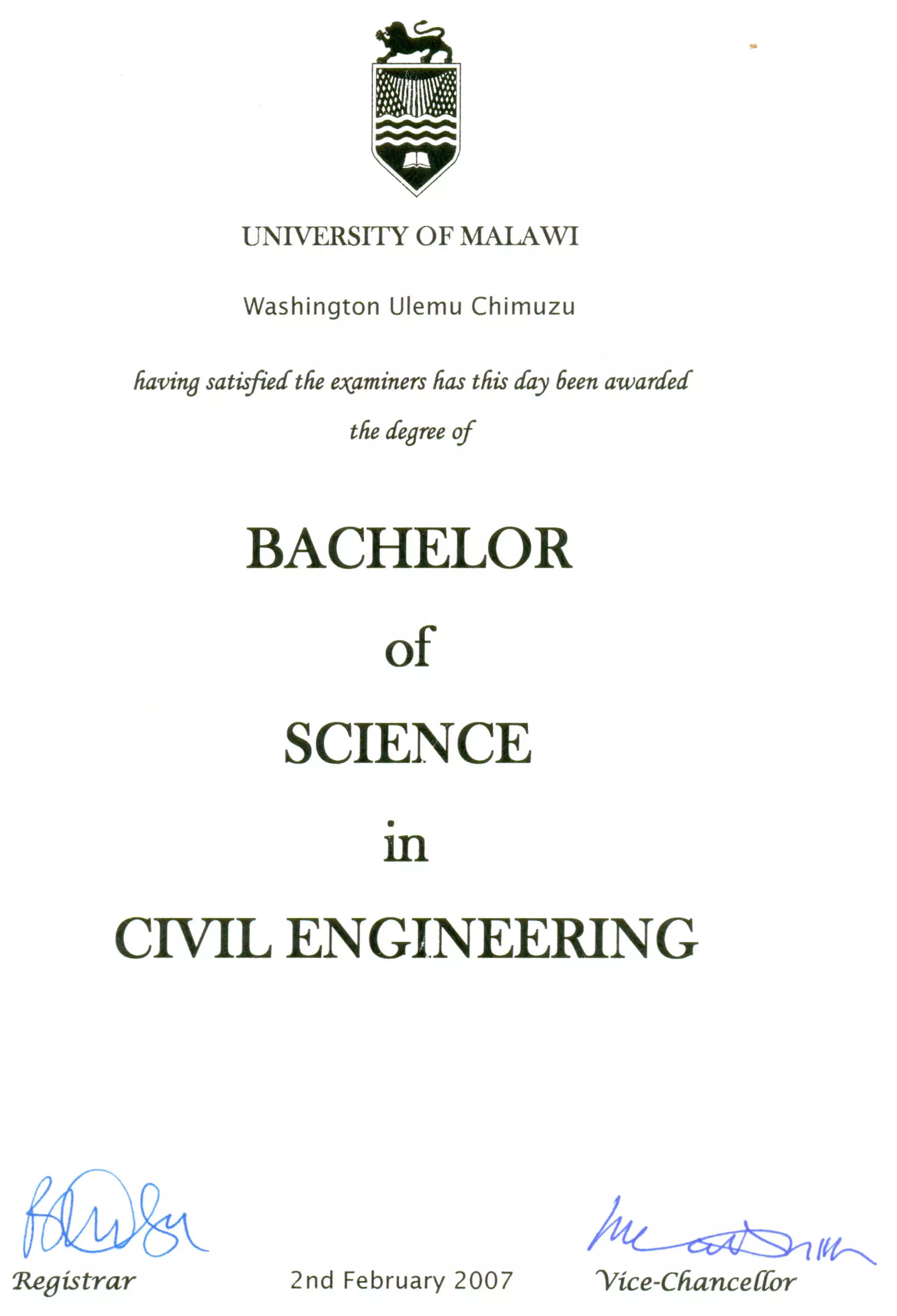 BSc Civil Engineering Certificate - w chimuzu | PDF