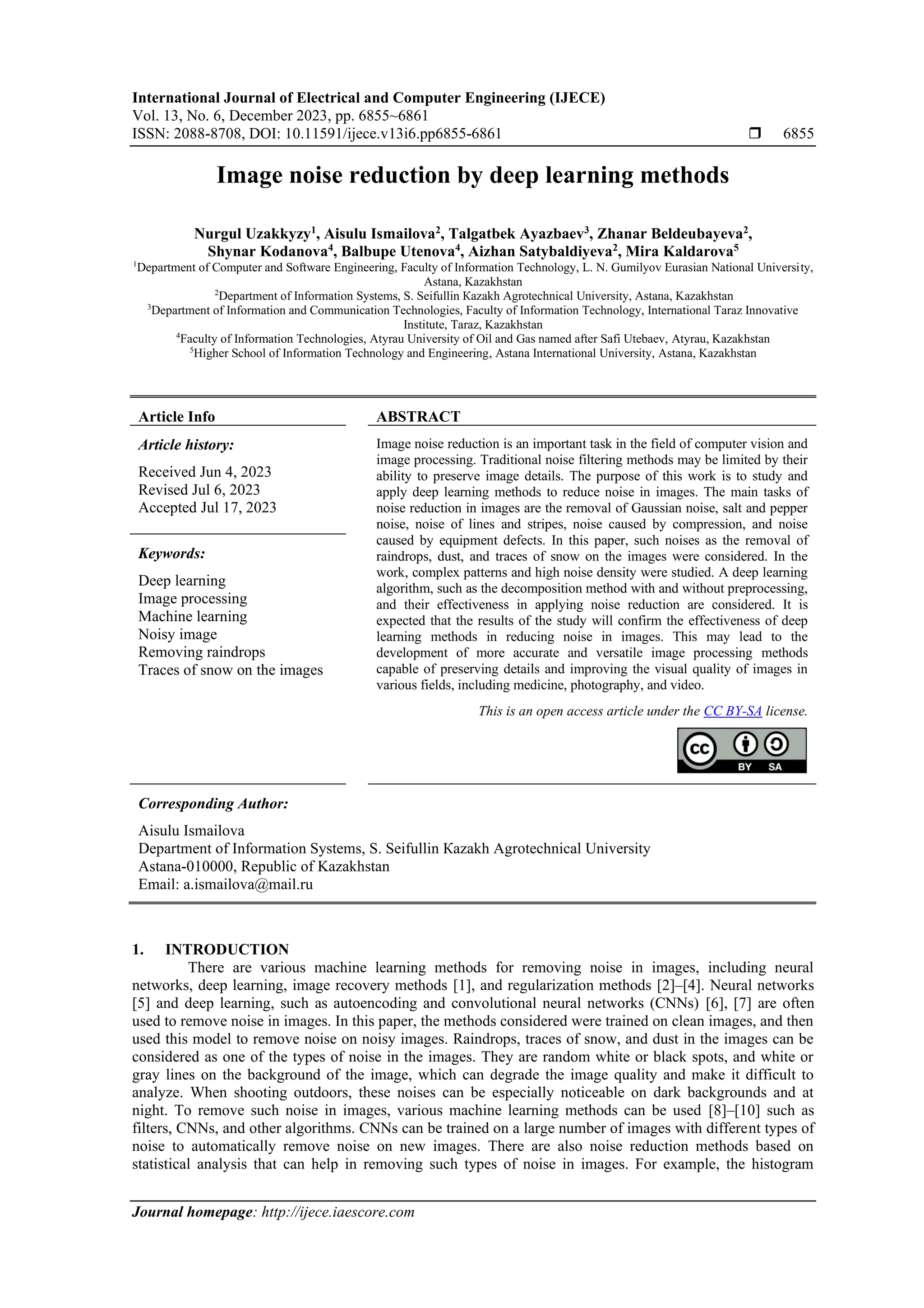 Image noise reduction by deep learning methods | PDF