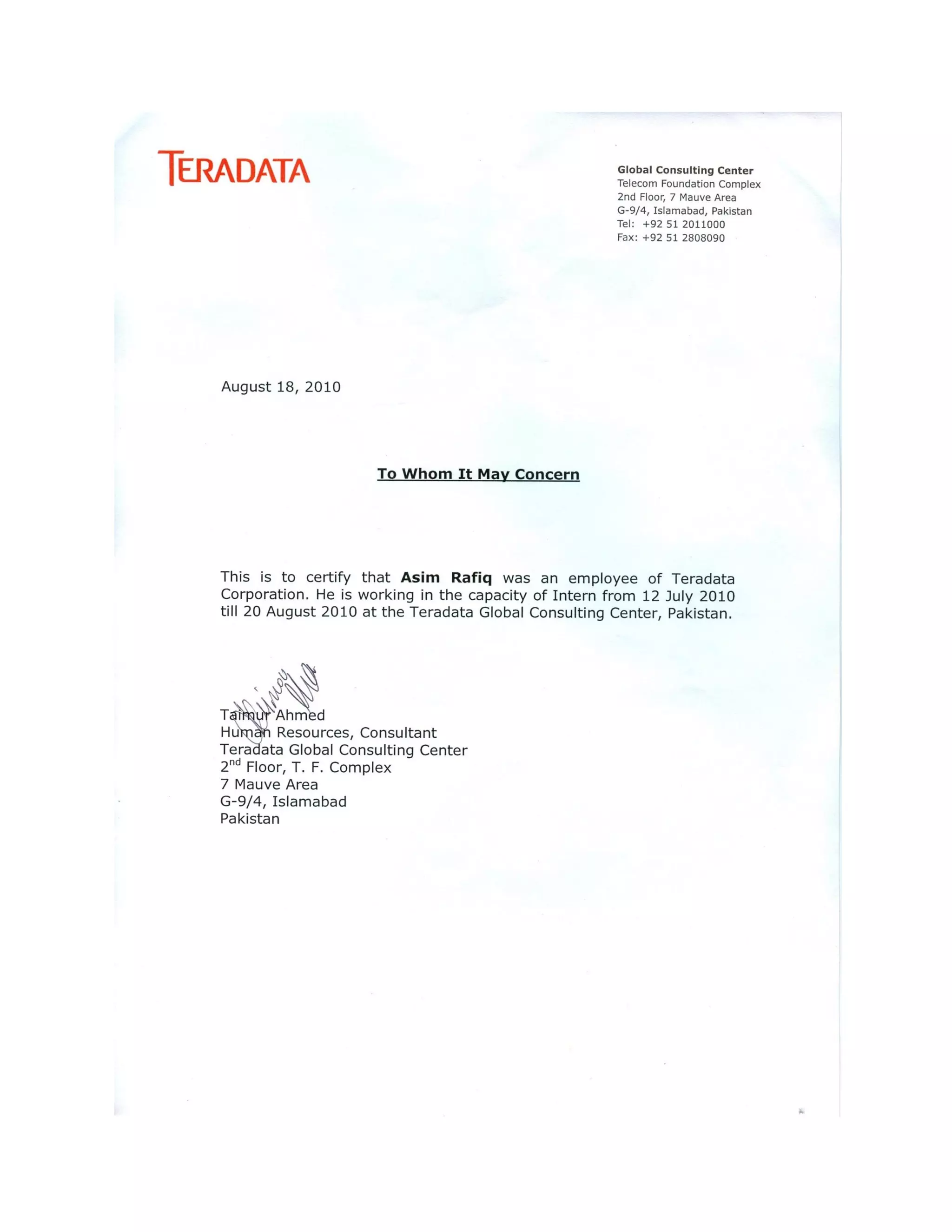 TERA DATA Experience letter | PDF