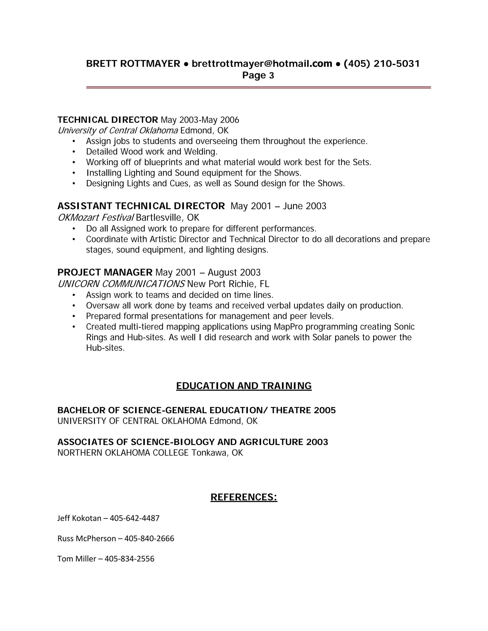 Brett Rottmayer's Work Resume 3 pgs Theatre | PDF