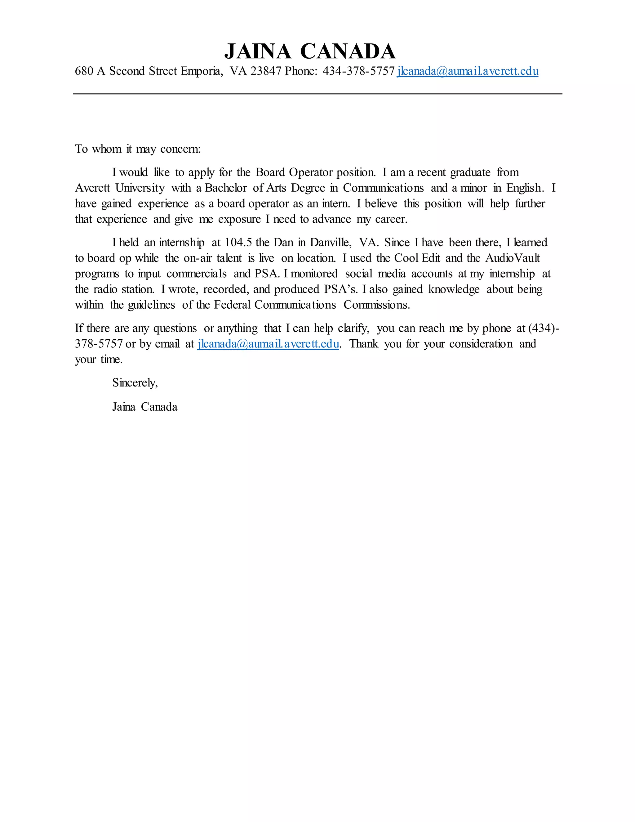 Jaina Canada Cover Letter | DOCX