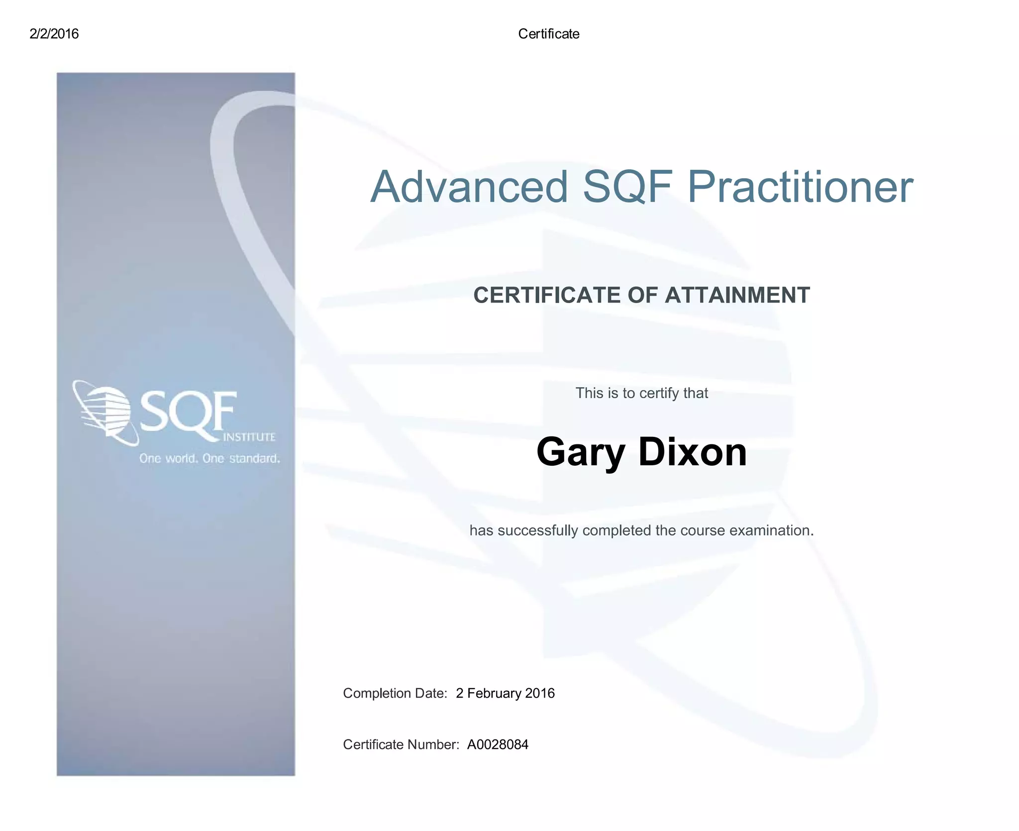 Gary Dixon Advanced SQF Practitioner Certificate 2016 | PDF