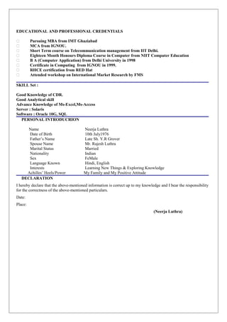 Neerja Resume 15 | DOC | Business Accounting & Finance | Business