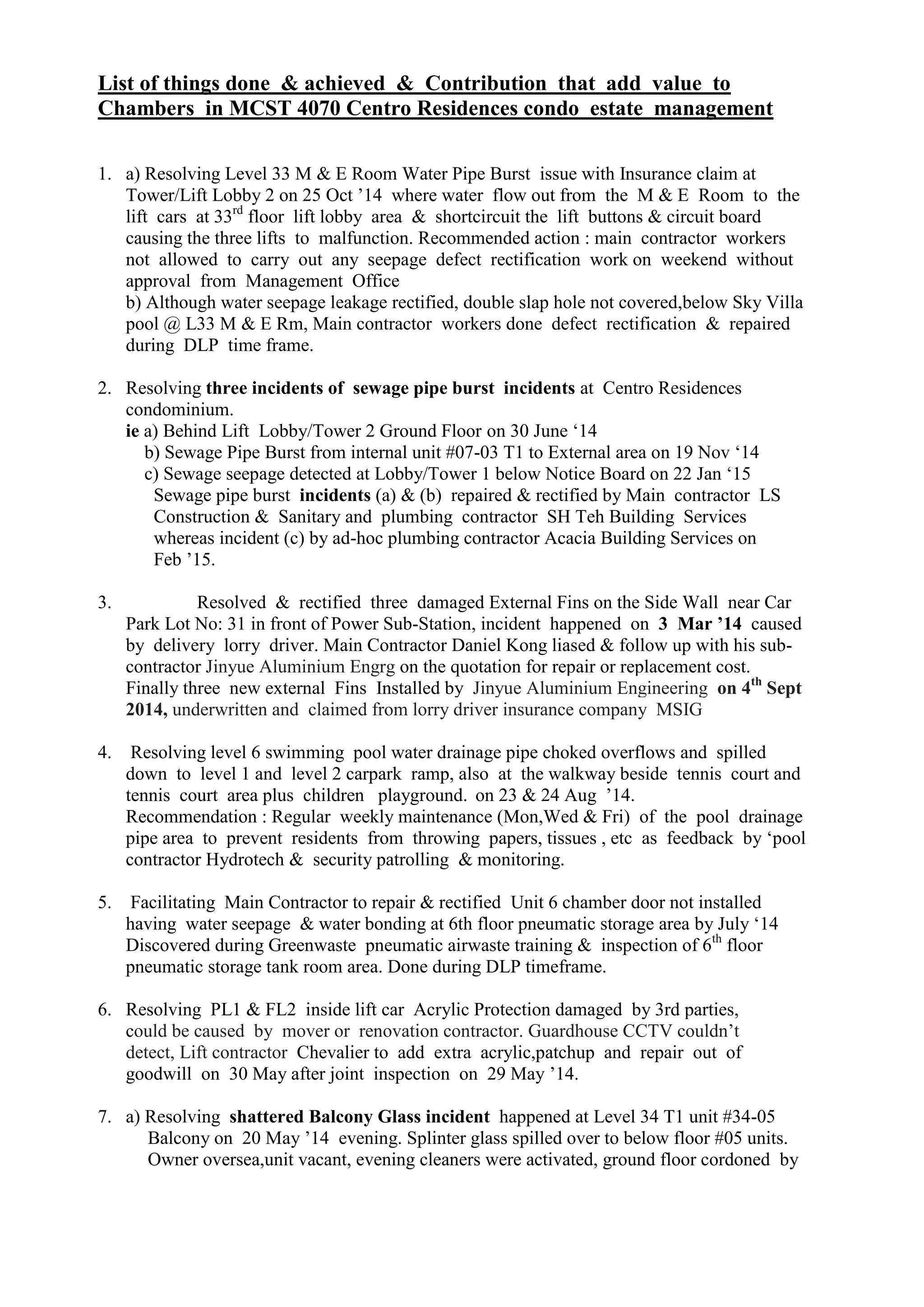 Career Achievement & Contribution at MCST 4070 Centro Residences | PDF