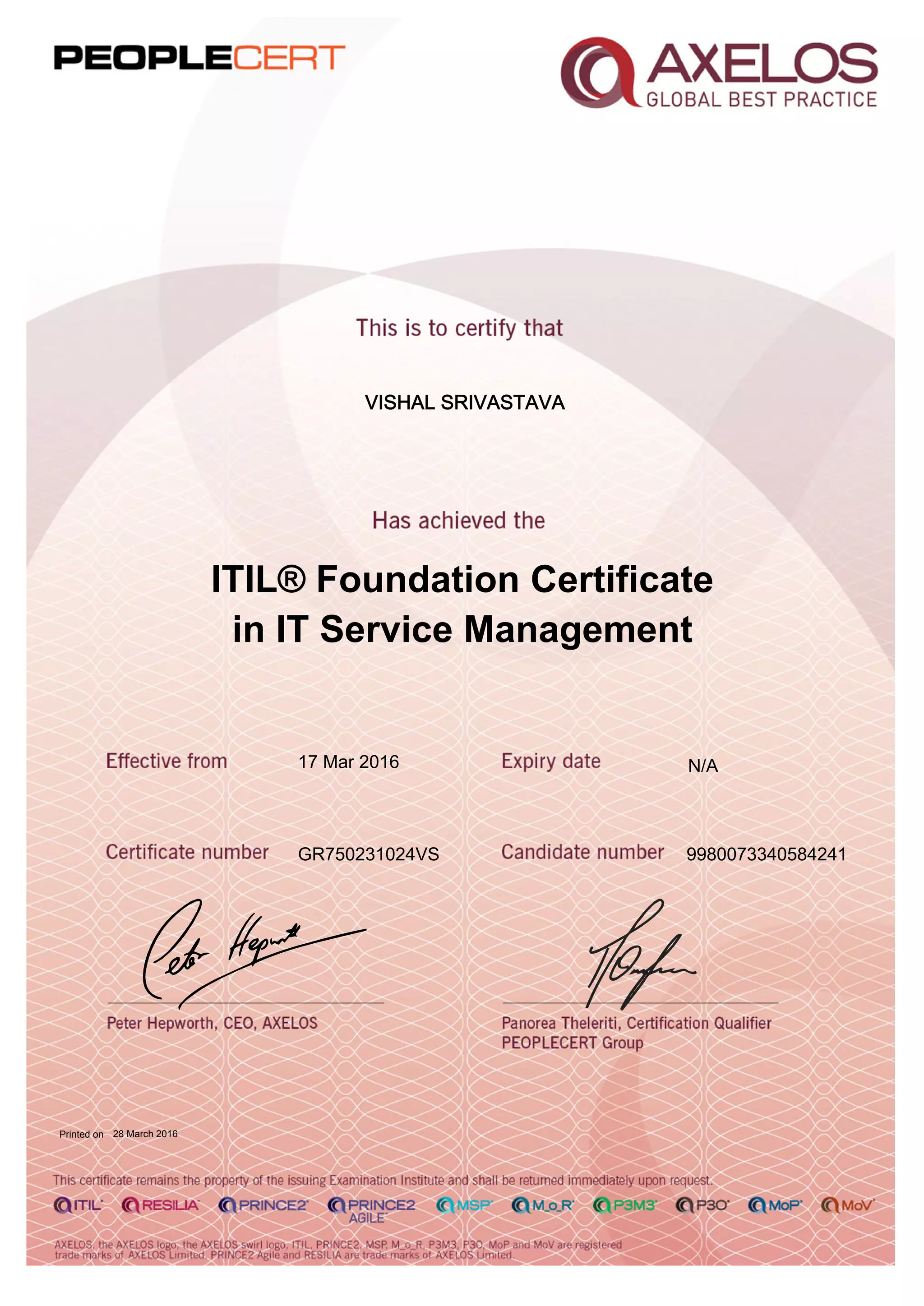 ITIL Certificate | PDF