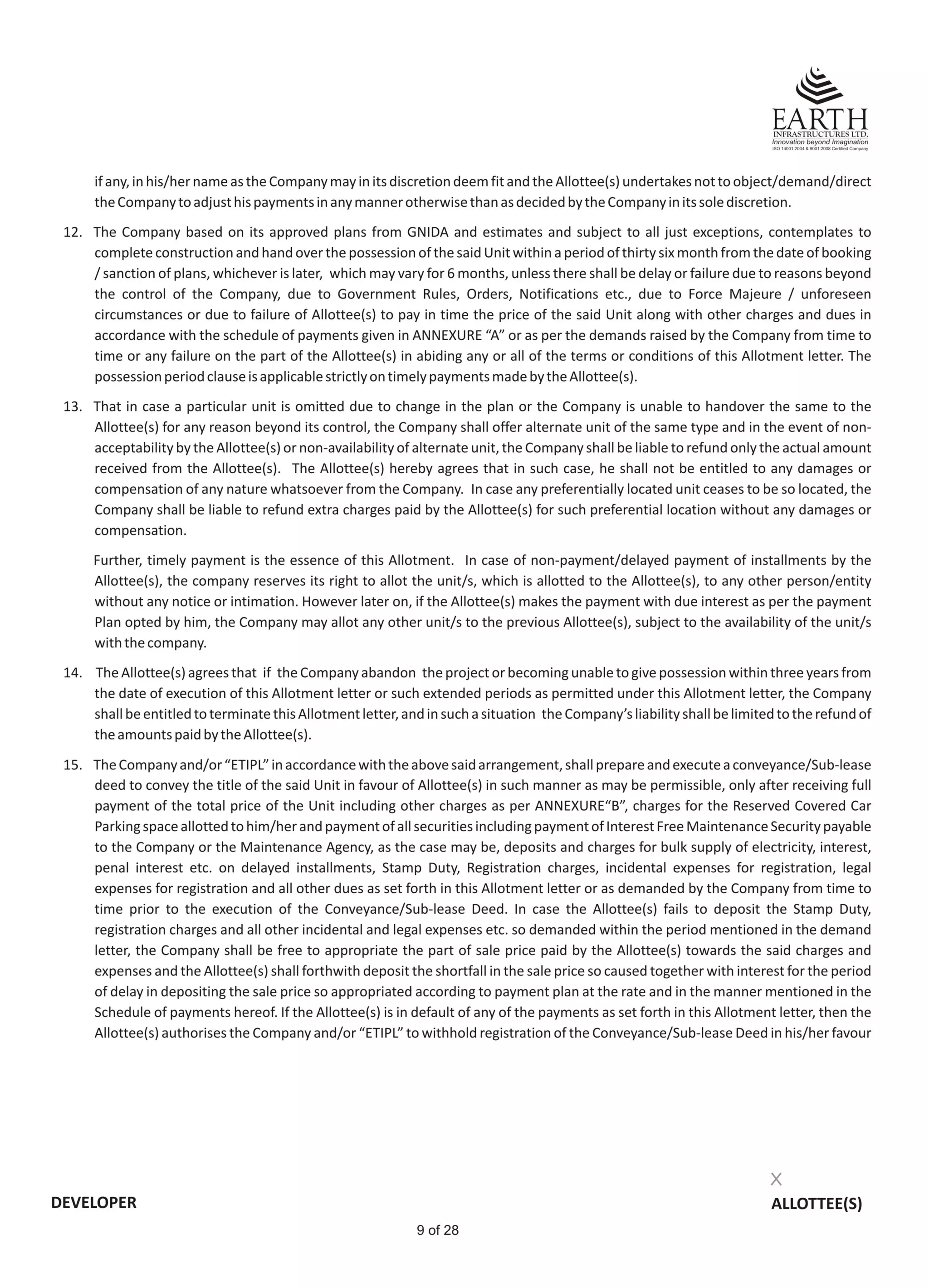 Earth Towne Allotment Letter | Earth Infrastructures Limited | PDF