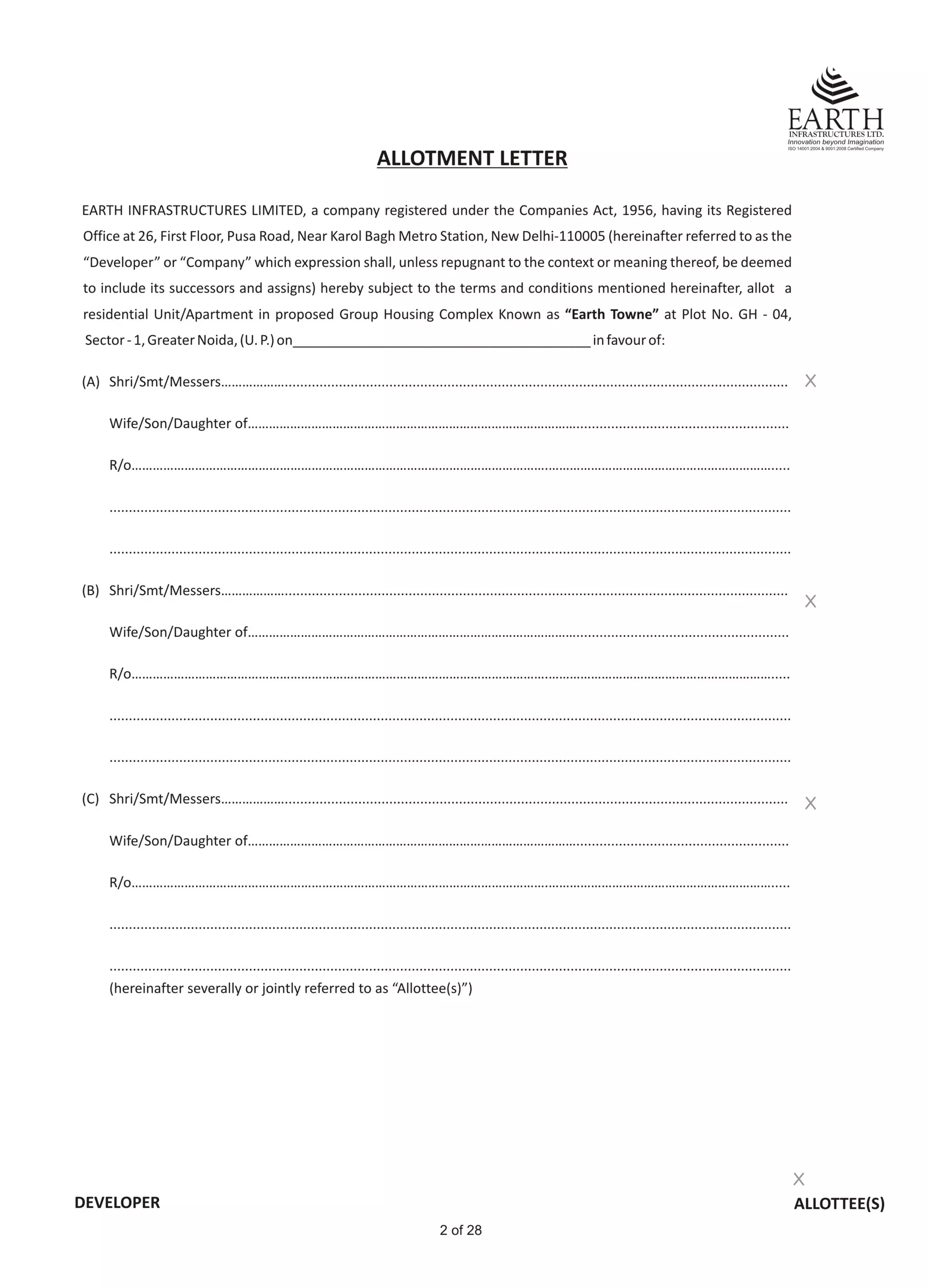 Earth Towne Allotment Letter | Earth Infrastructures Limited | PDF