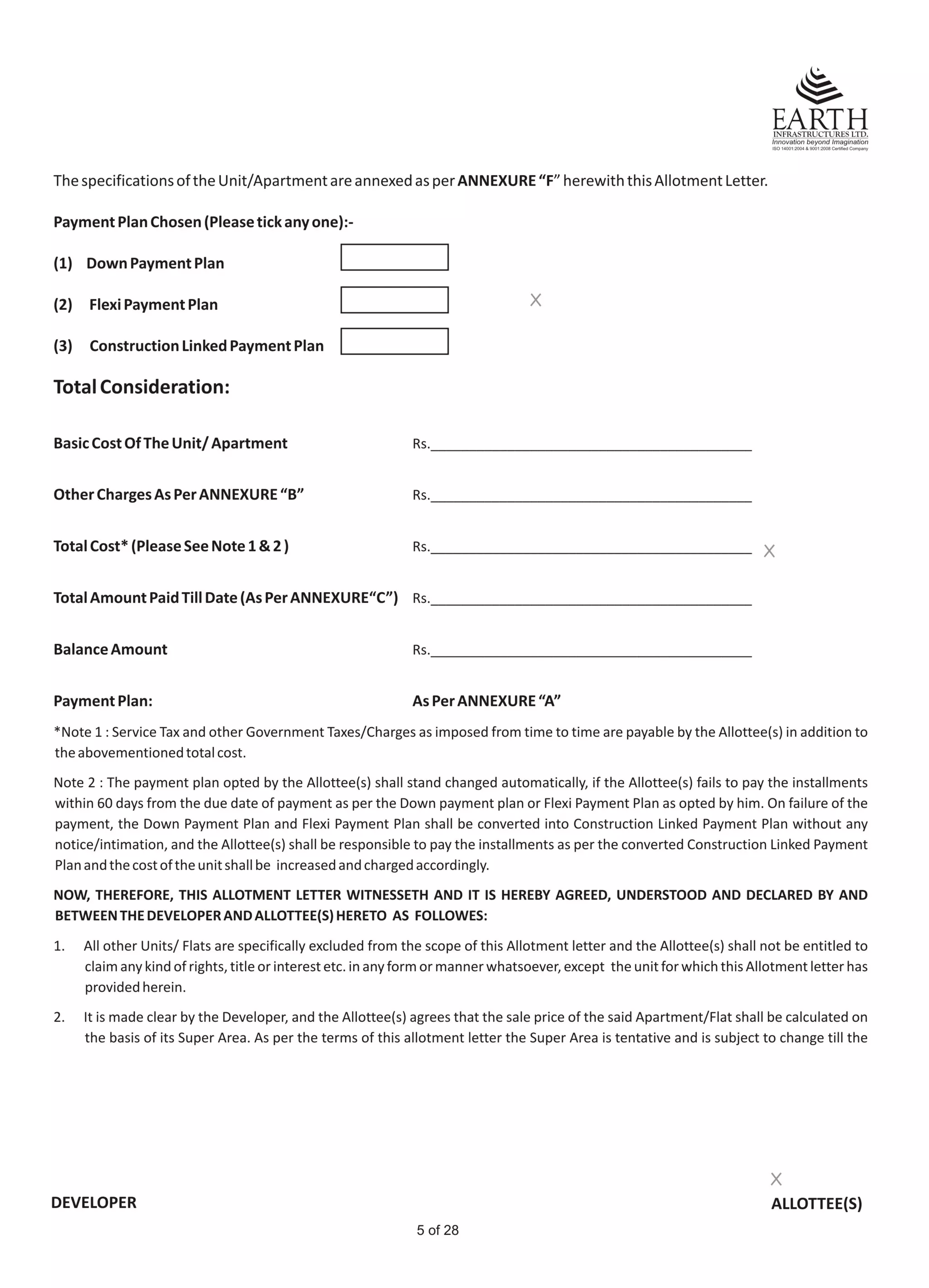 Earth Towne Allotment Letter | Earth Infrastructures Limited | PDF