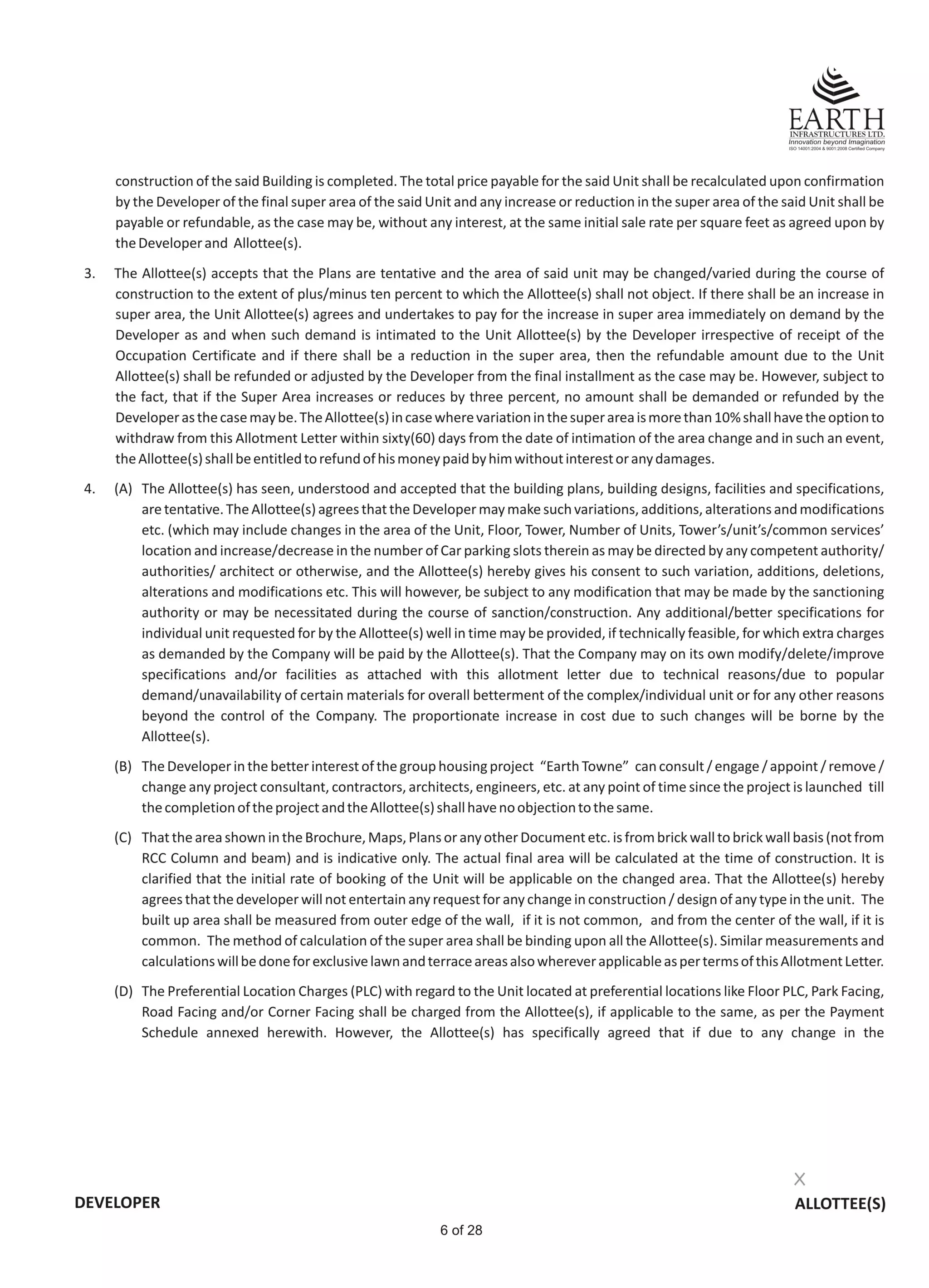 Earth Towne Allotment Letter | Earth Infrastructures Limited | PDF