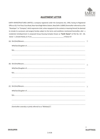 Earth Towne Allotment Letter | Earth Infrastructures Limited | PDF