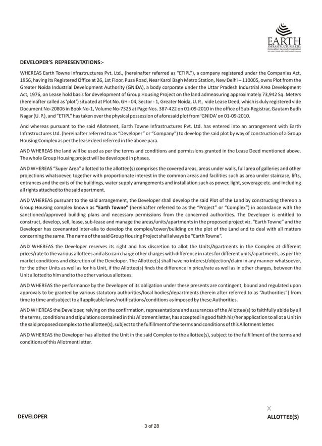 Earth Towne Allotment Letter | Earth Infrastructures Limited | PDF