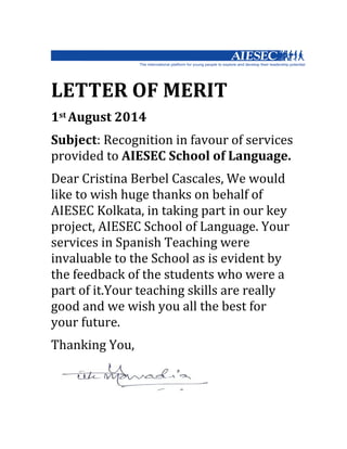 LETTER OF MERIT_Cristina | PDF