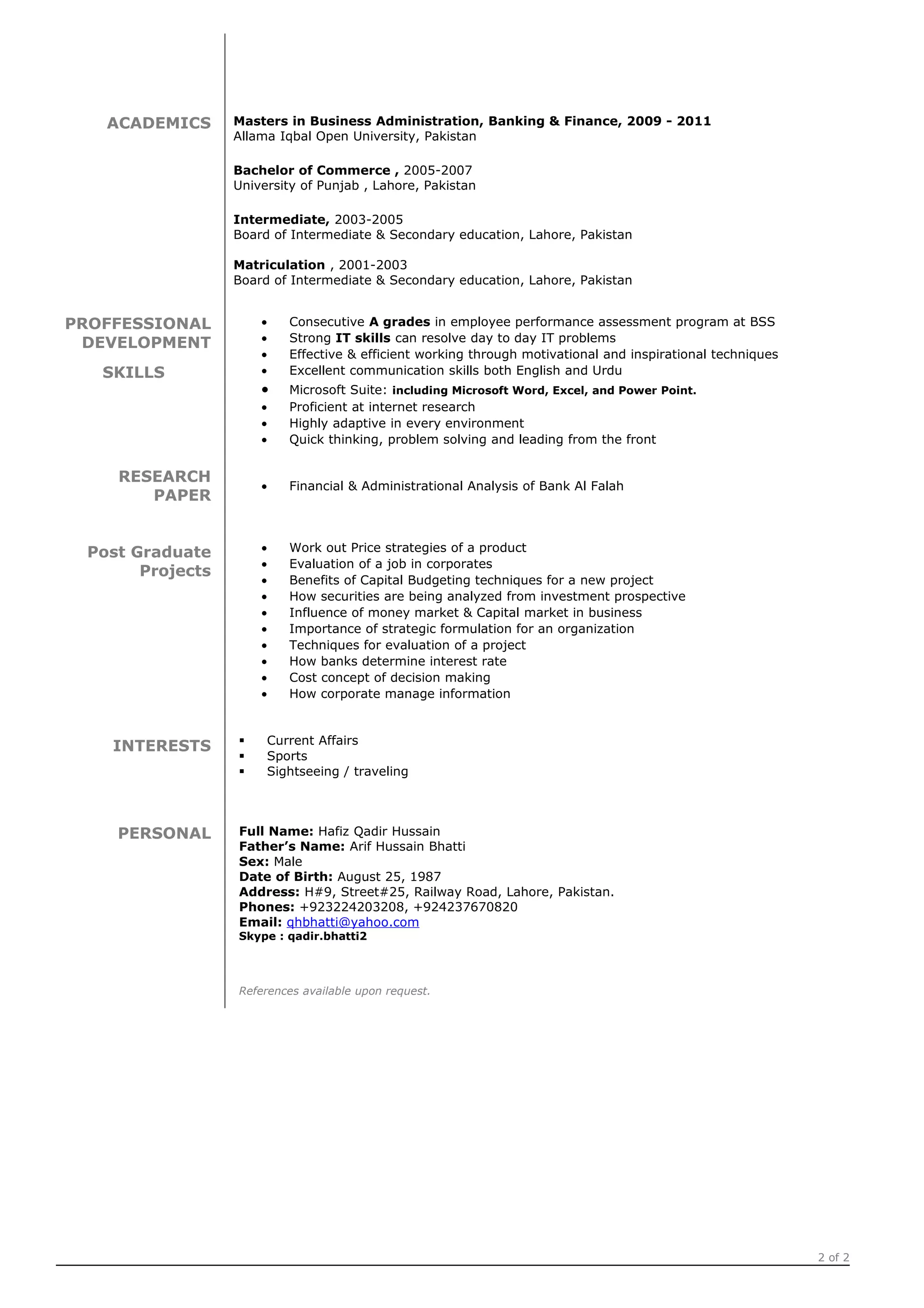 Hafiz Qadir Resume | DOC