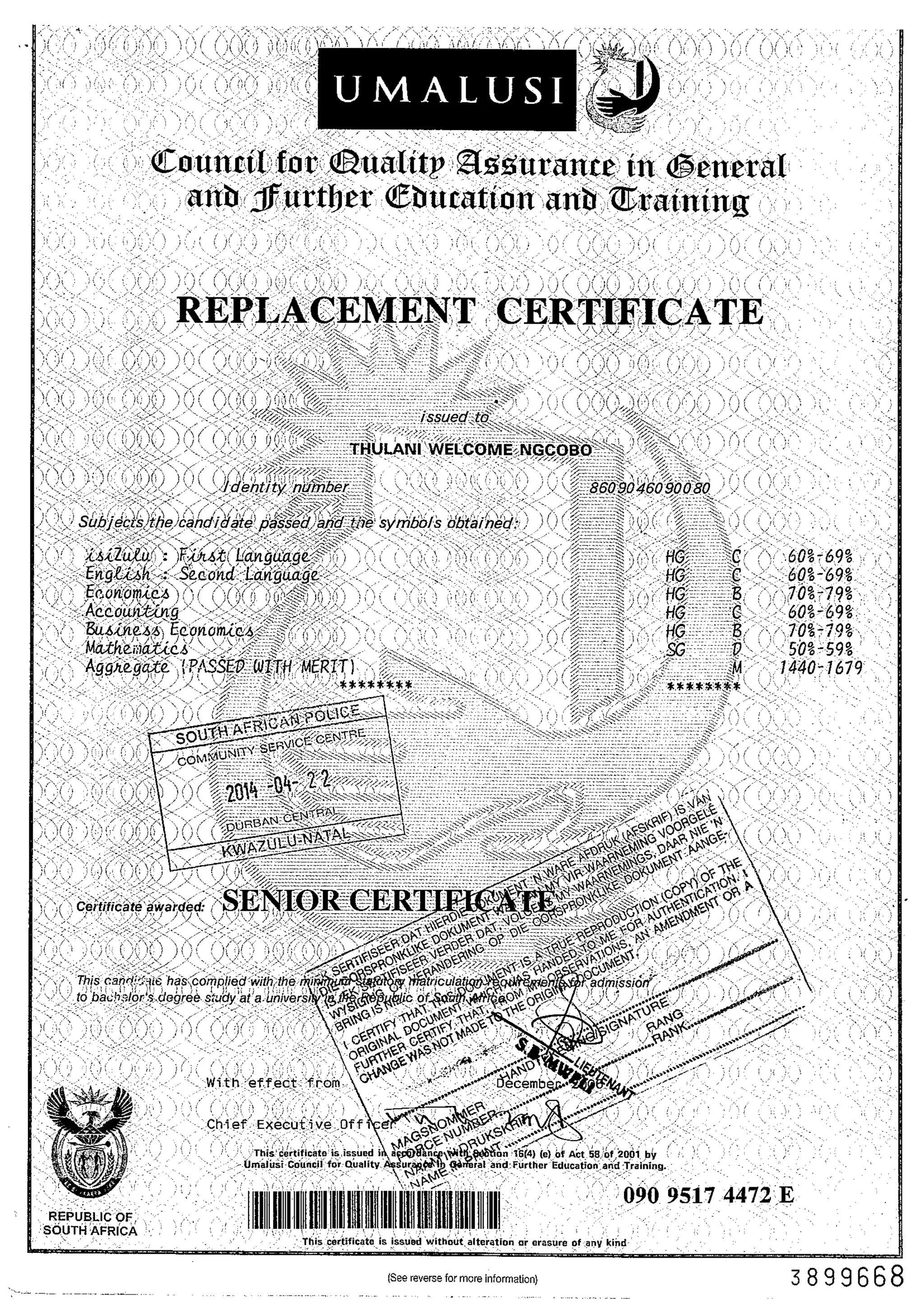 matric certificate | PDF