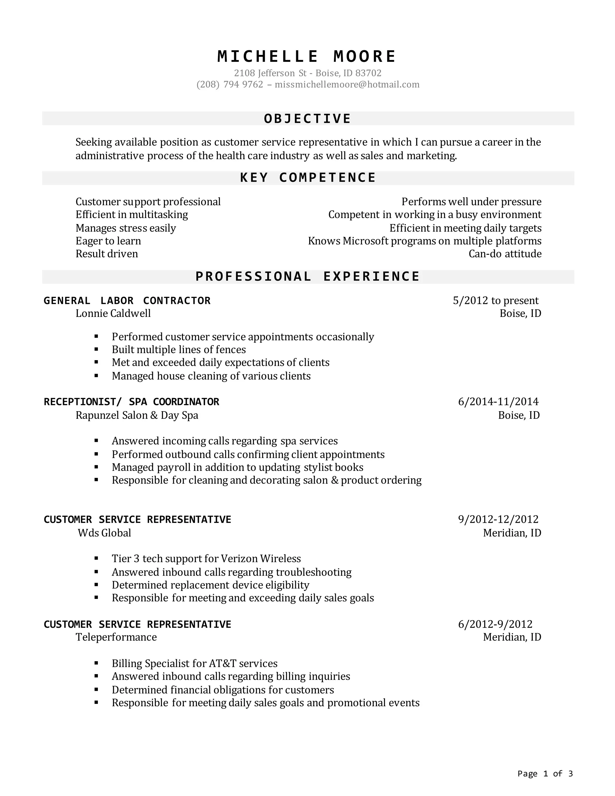 Michelle Moore CSR Resume | DOCX | Business | Business and Finance