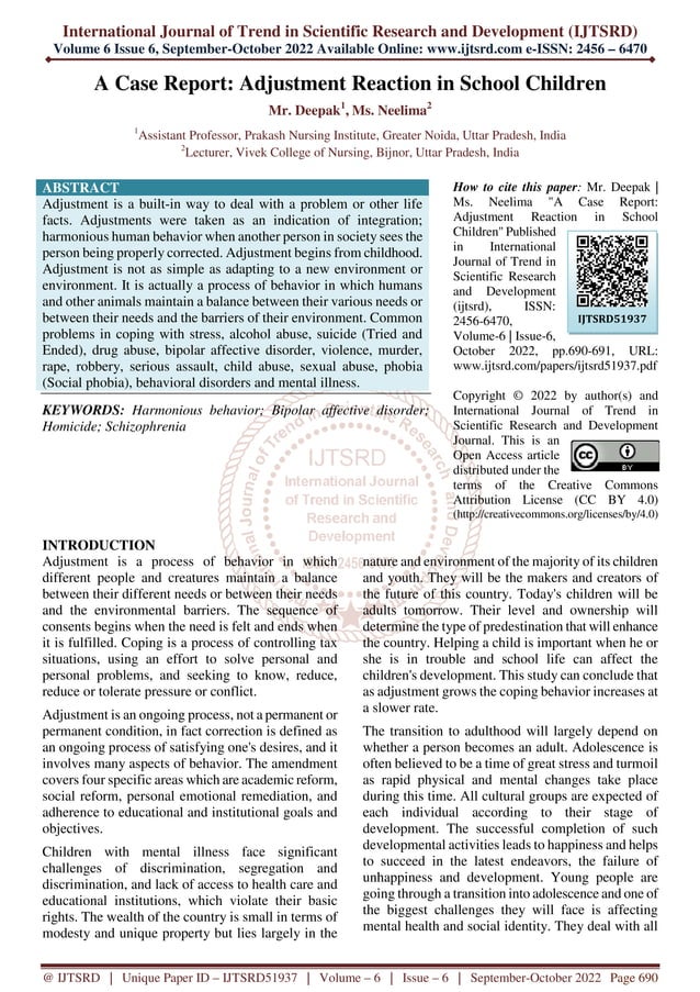 A Case Report Adjustment Reaction in School Children | PDF | Mental ...