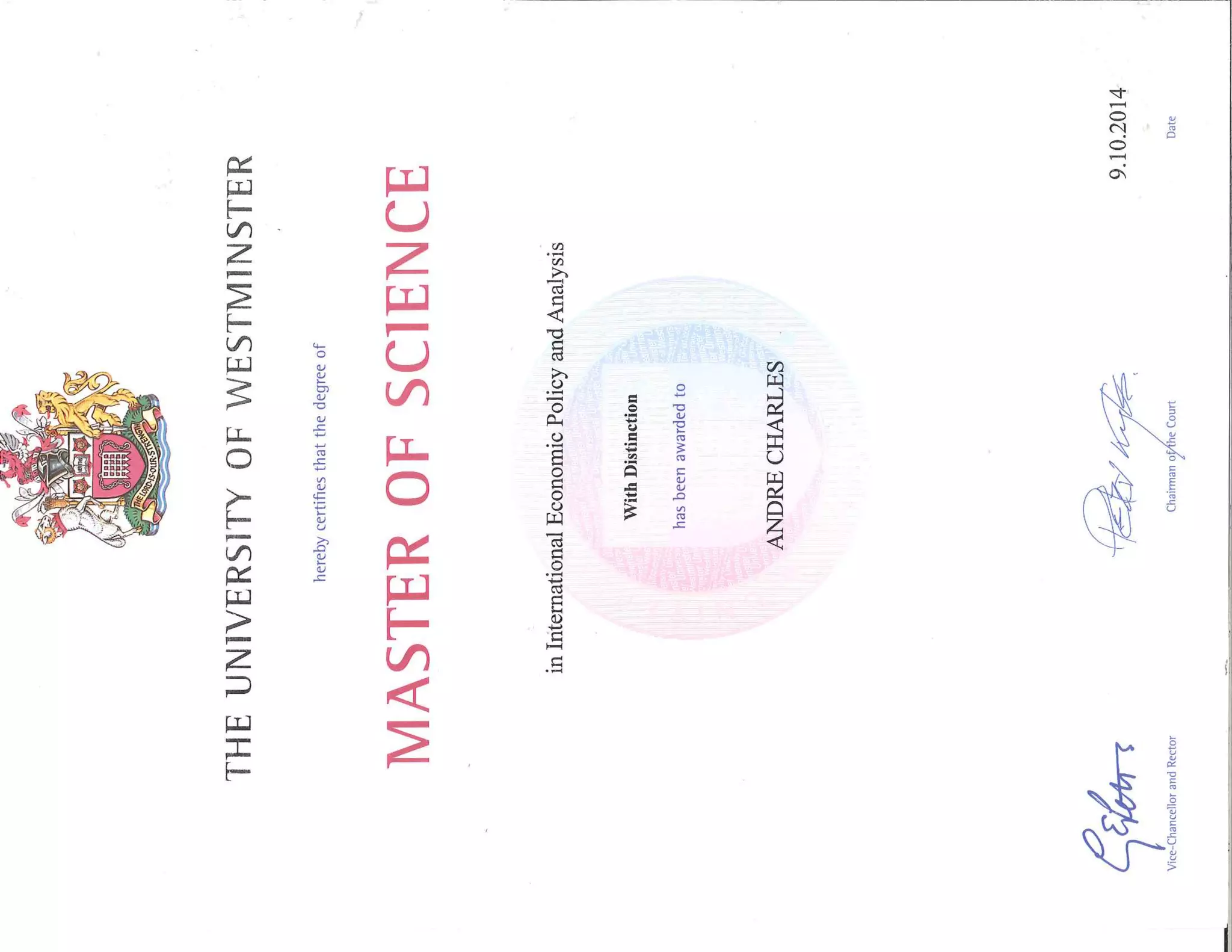 Masters Degree Certificate_Andre Charles | PDF