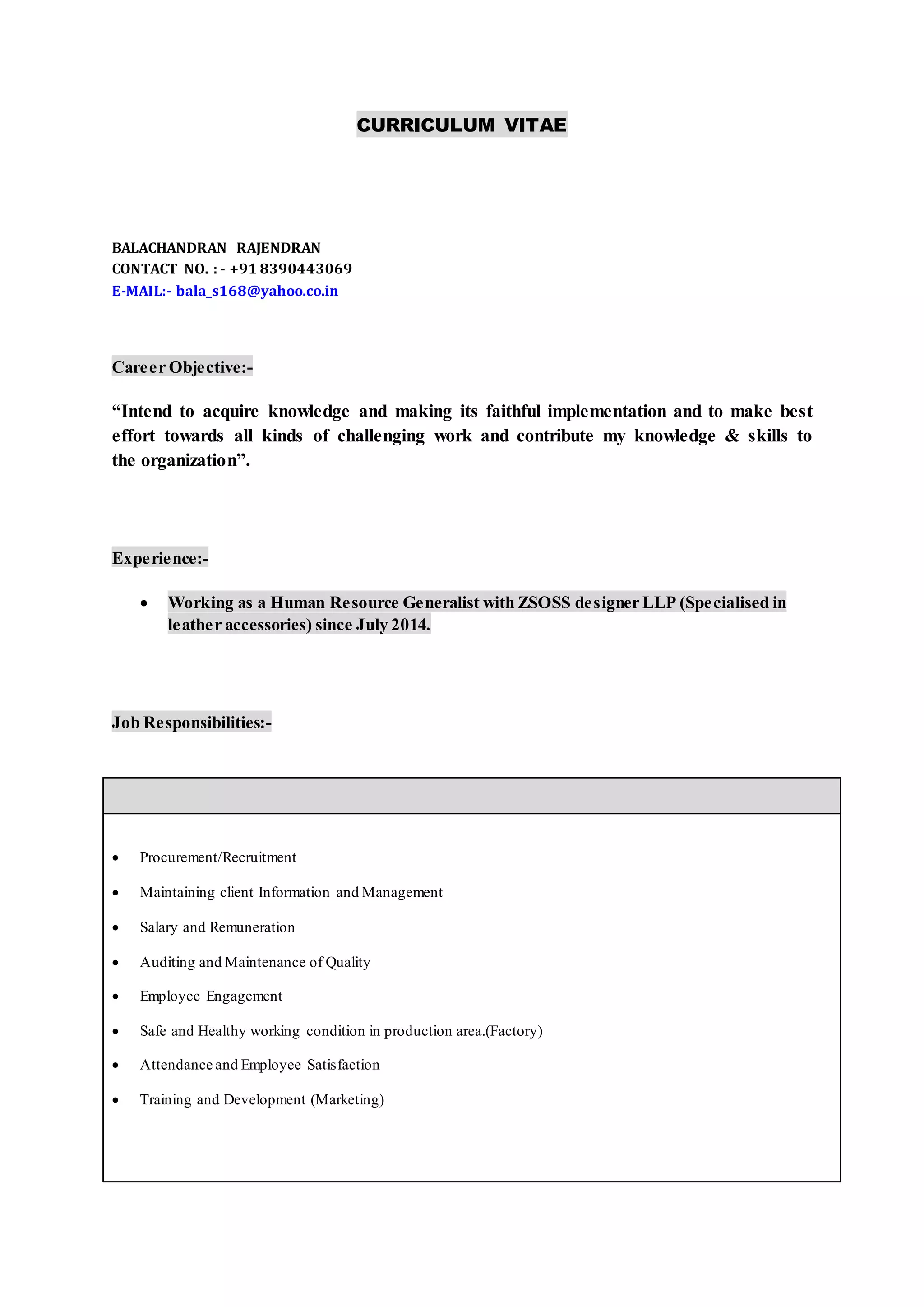 bala updated resume | DOCX | Human Resources | Business