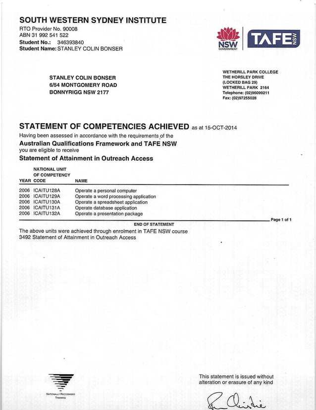 Statement of Attainment in Outrech Access | PDF