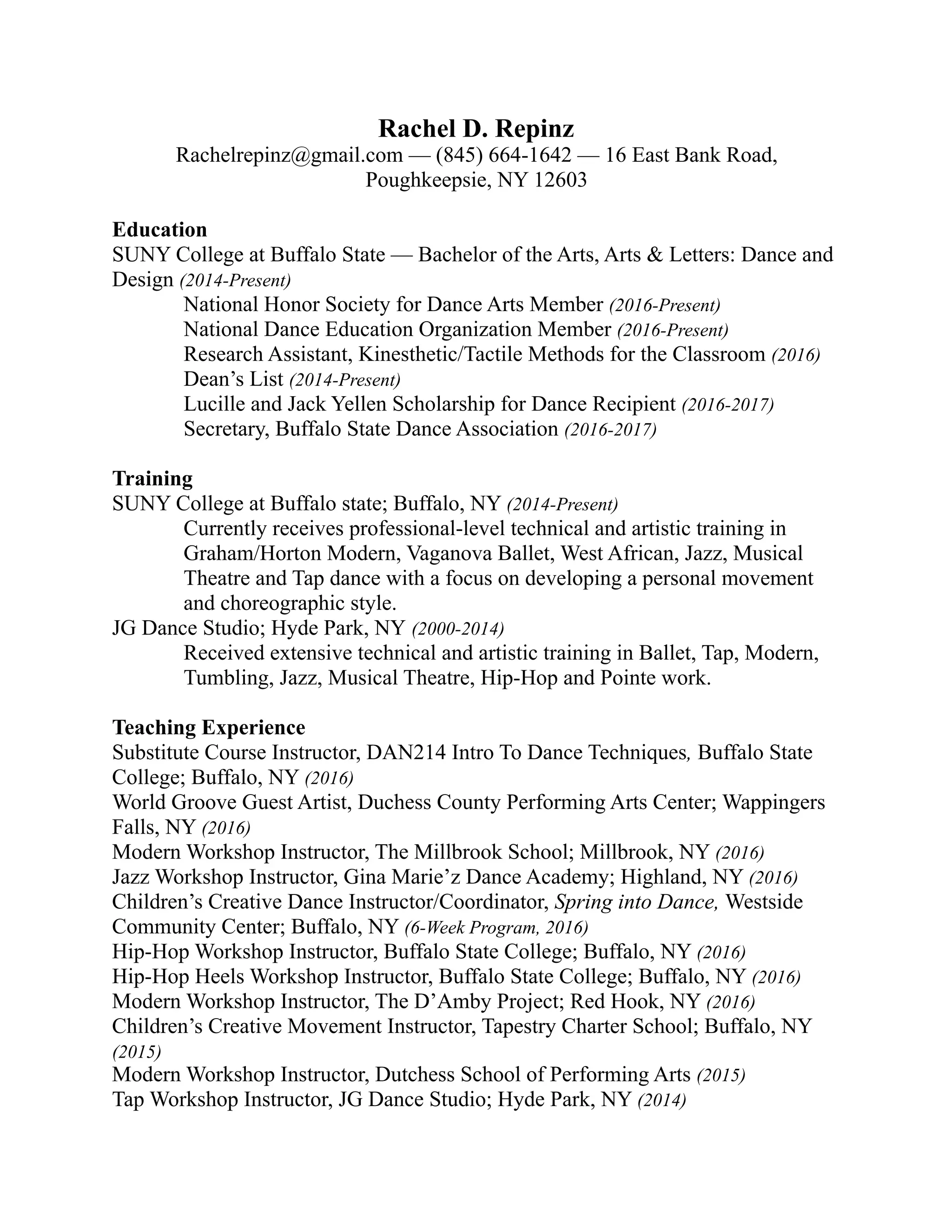 DANCE RESUME 2016:17 | PDF