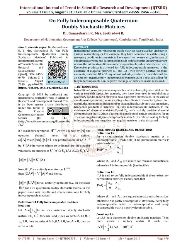 On Fully Indecomposable Quaternion Doubly Stochastic Matrices Pdf