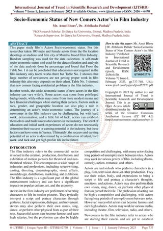 Socio Economic Status of New Comers Actor’s in Film Industry | PDF