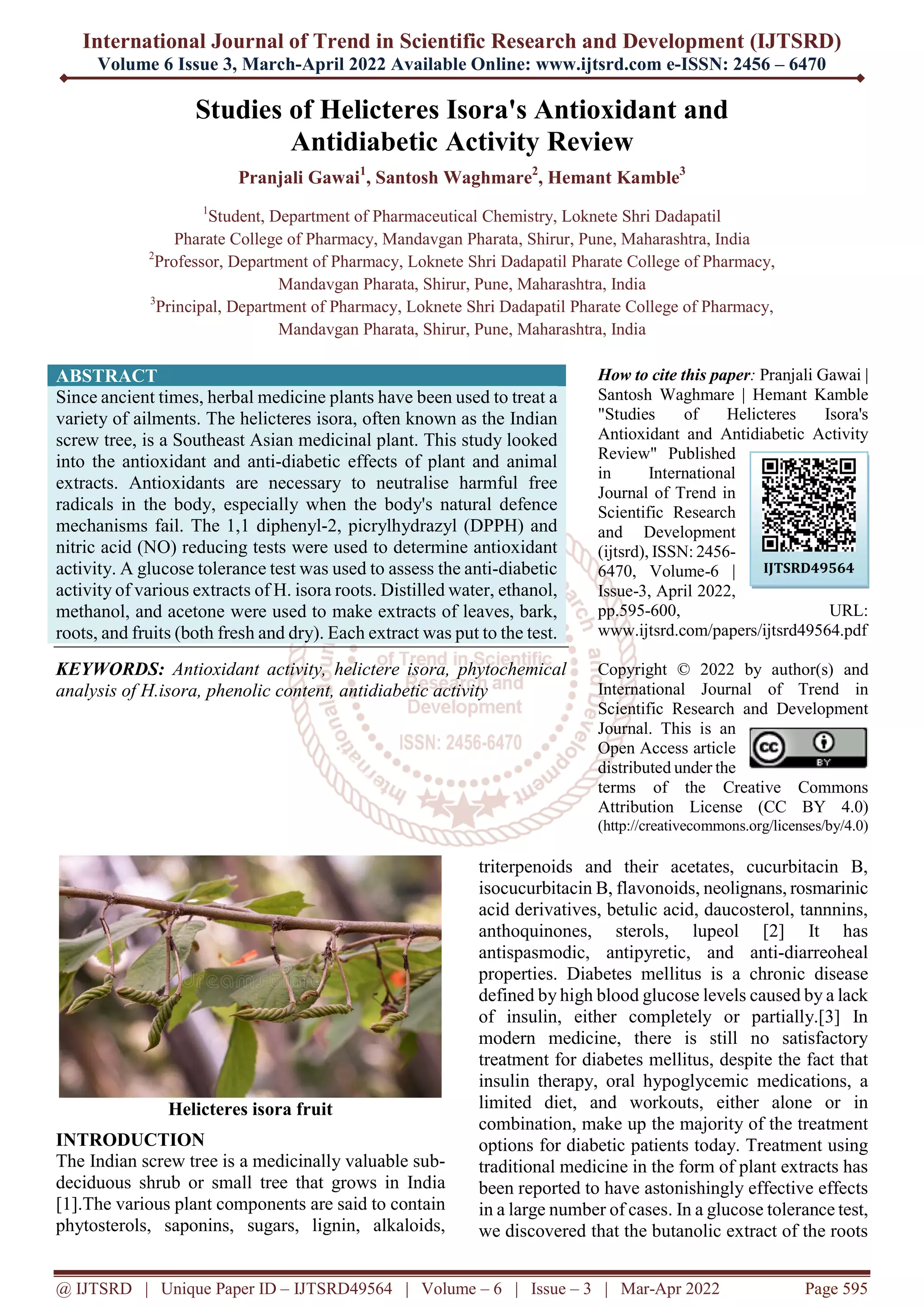 Studies of Helicteres Isoras Antioxidant and Antidiabetic Activity ...
