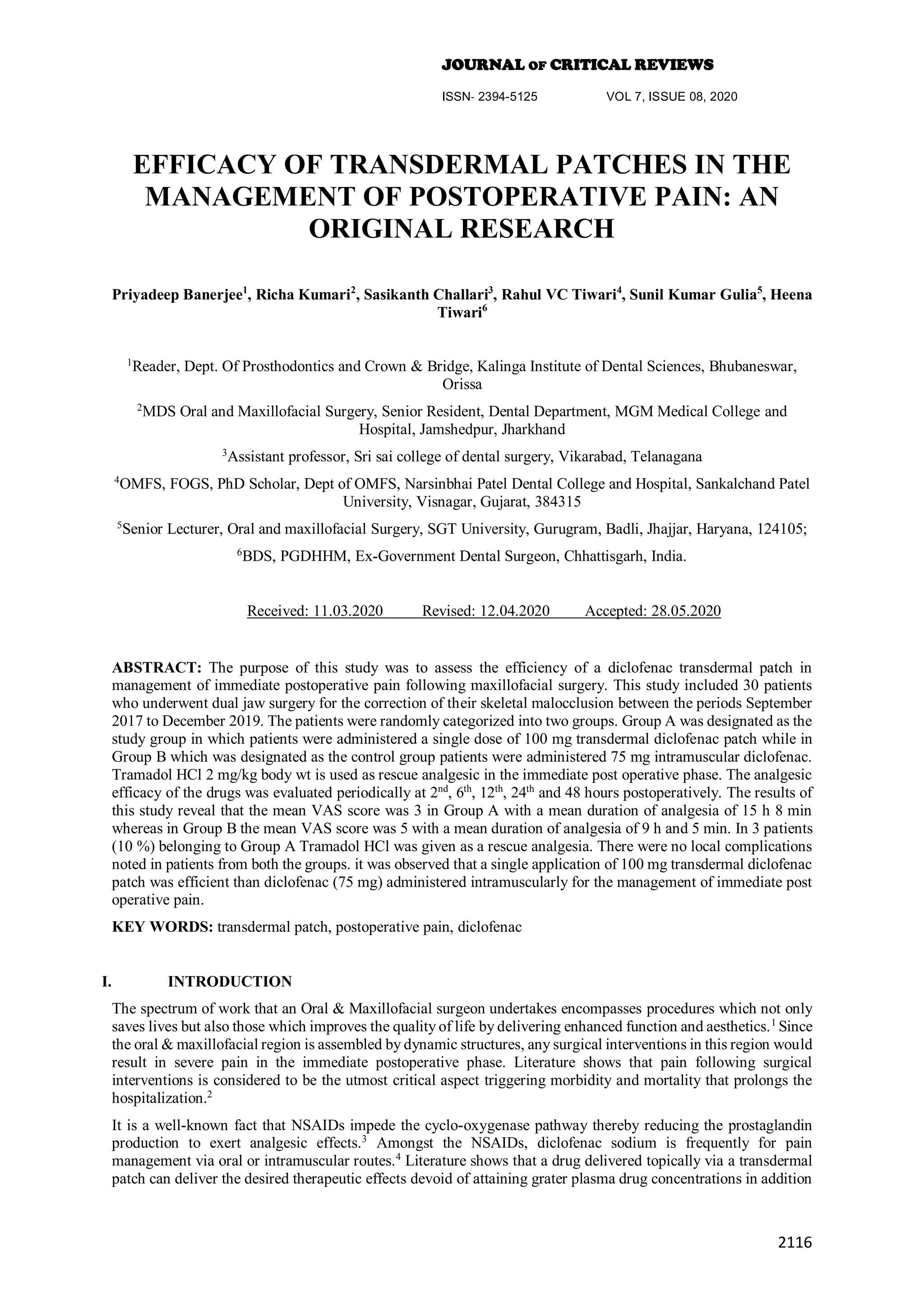 EFFICACY OF TRANSDERMAL PATCHES IN THE MANAGEMENT OF POSTOPERATIVE PAIN ...