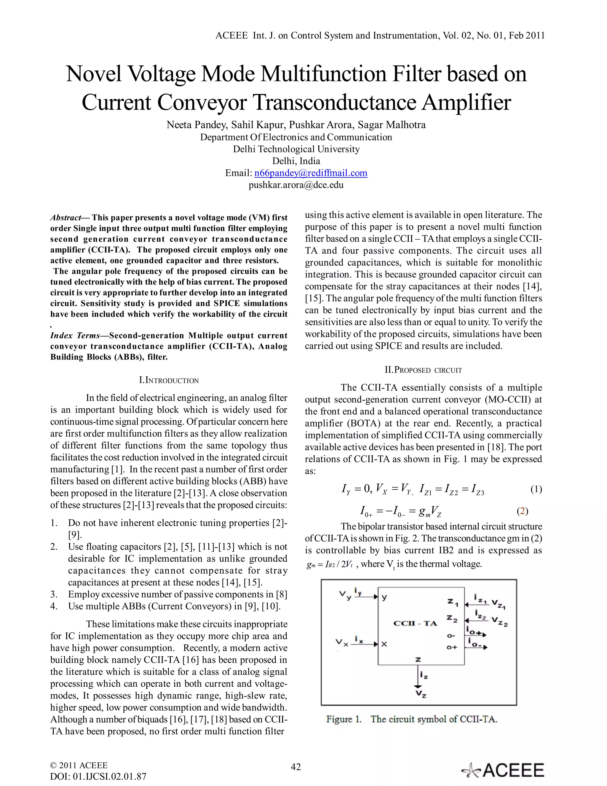 Novel Voltage Mode Multifunction Filter based on Current Conveyor Transconductance Amplifier | PDF