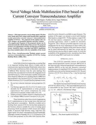 Novel Voltage Mode Multifunction Filter based on Current Conveyor Transconductance Amplifier | PDF