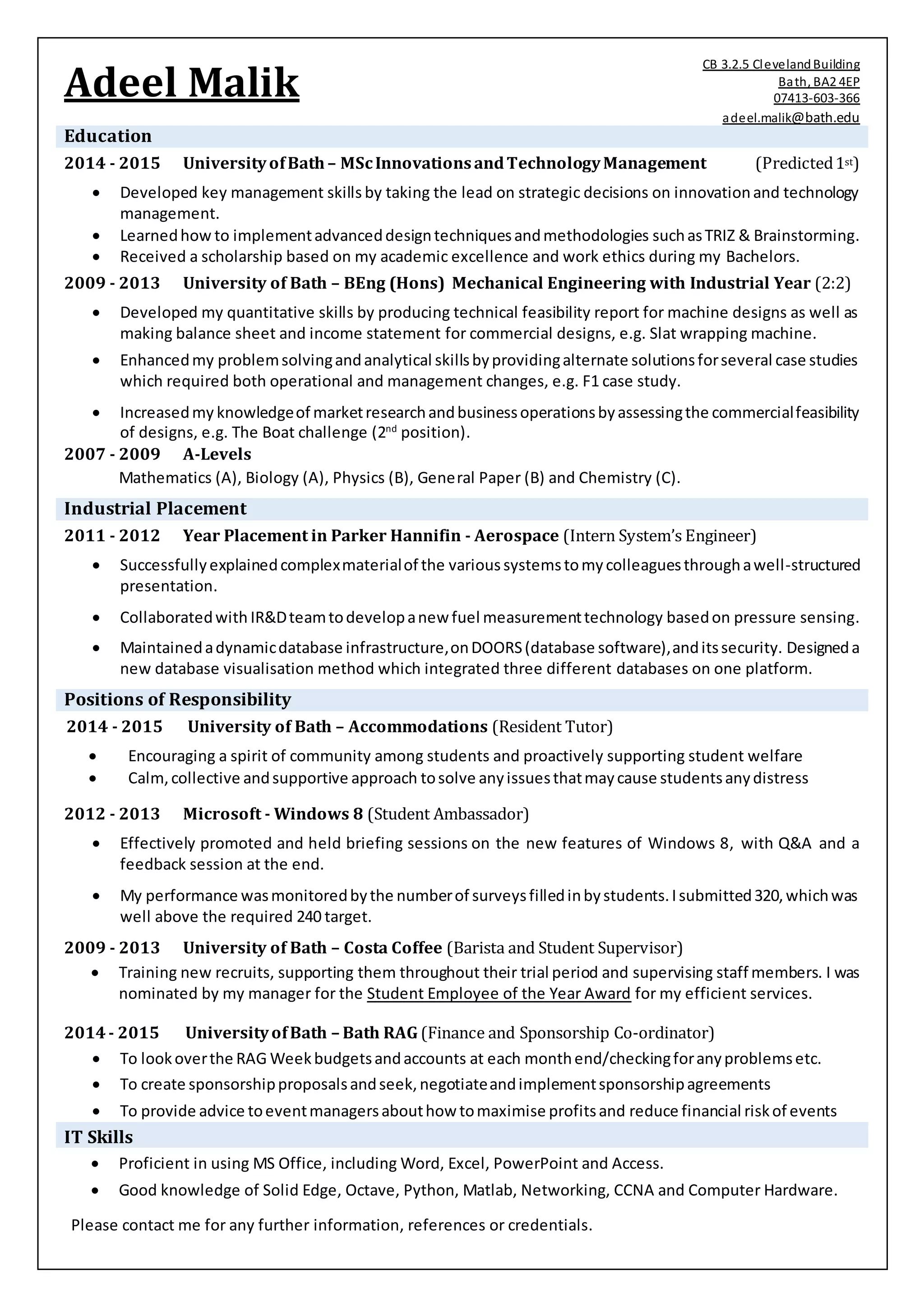 Malik, Adeel CV - University of Bath MSc | DOCX