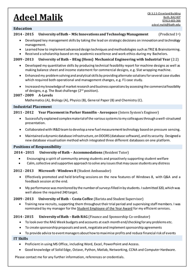 Malik, Adeel CV - University of Bath MSc | PDF