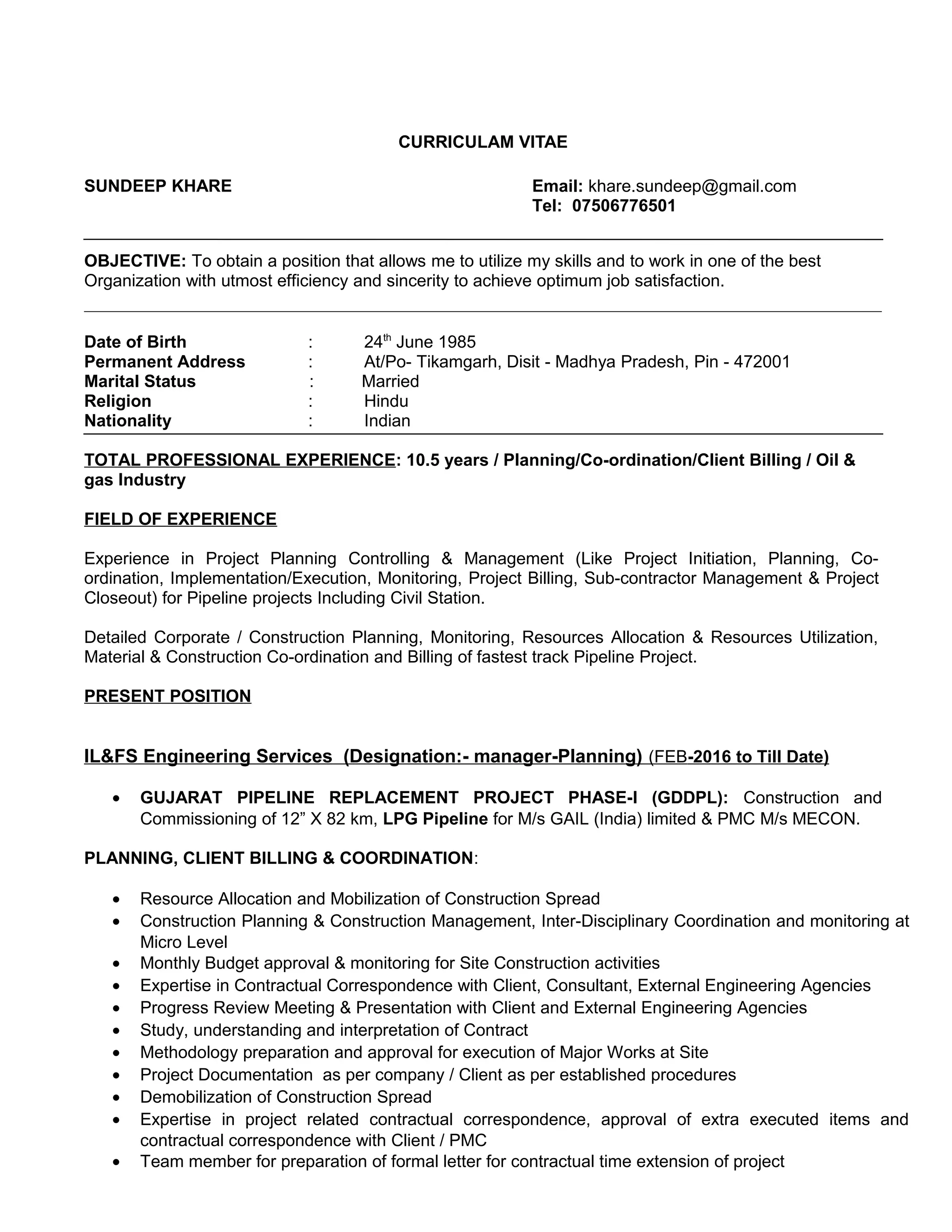 CV Planning Manager (Sundeep Khare) | DOC