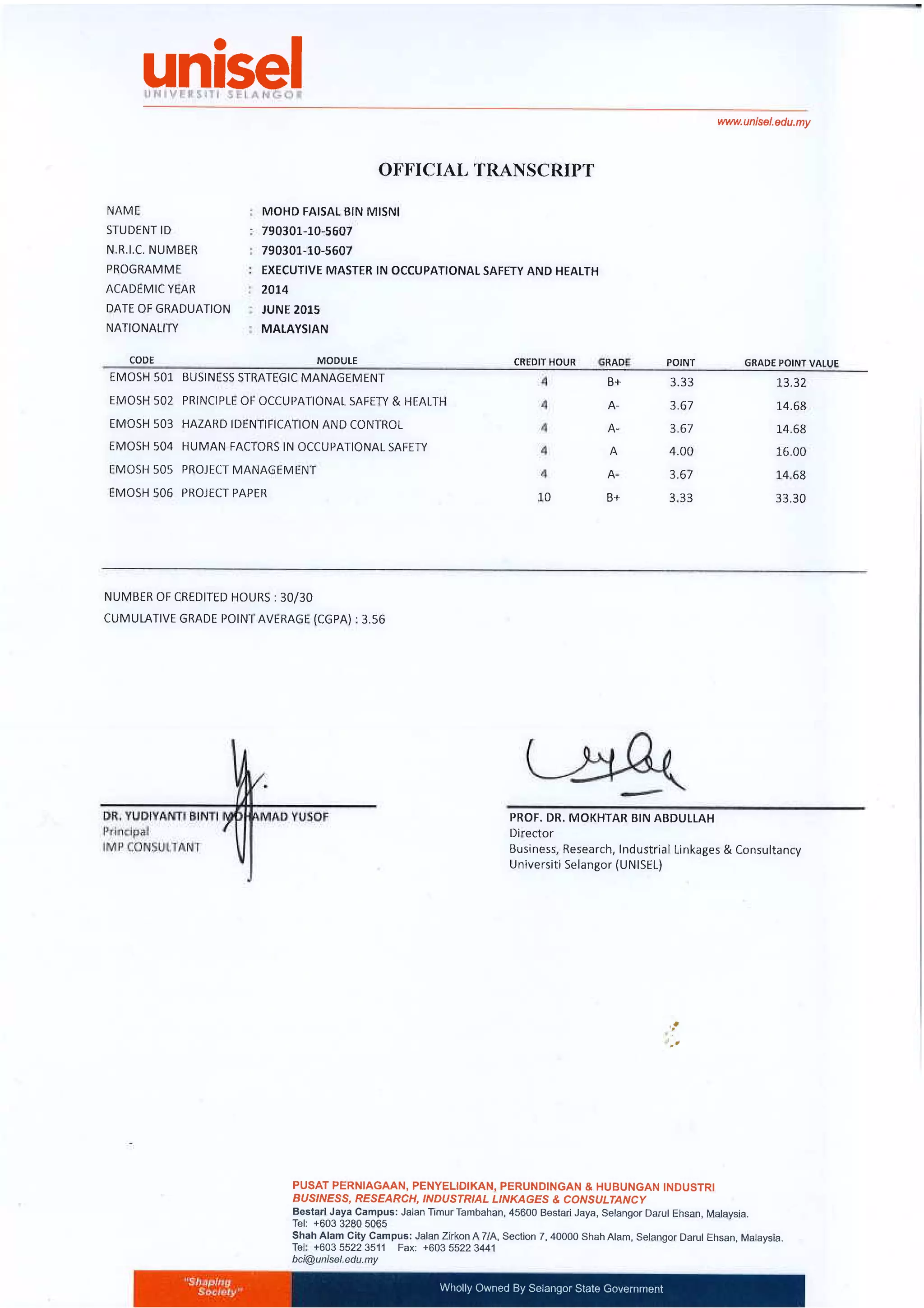 UNISEL Master Transcript | PDF
