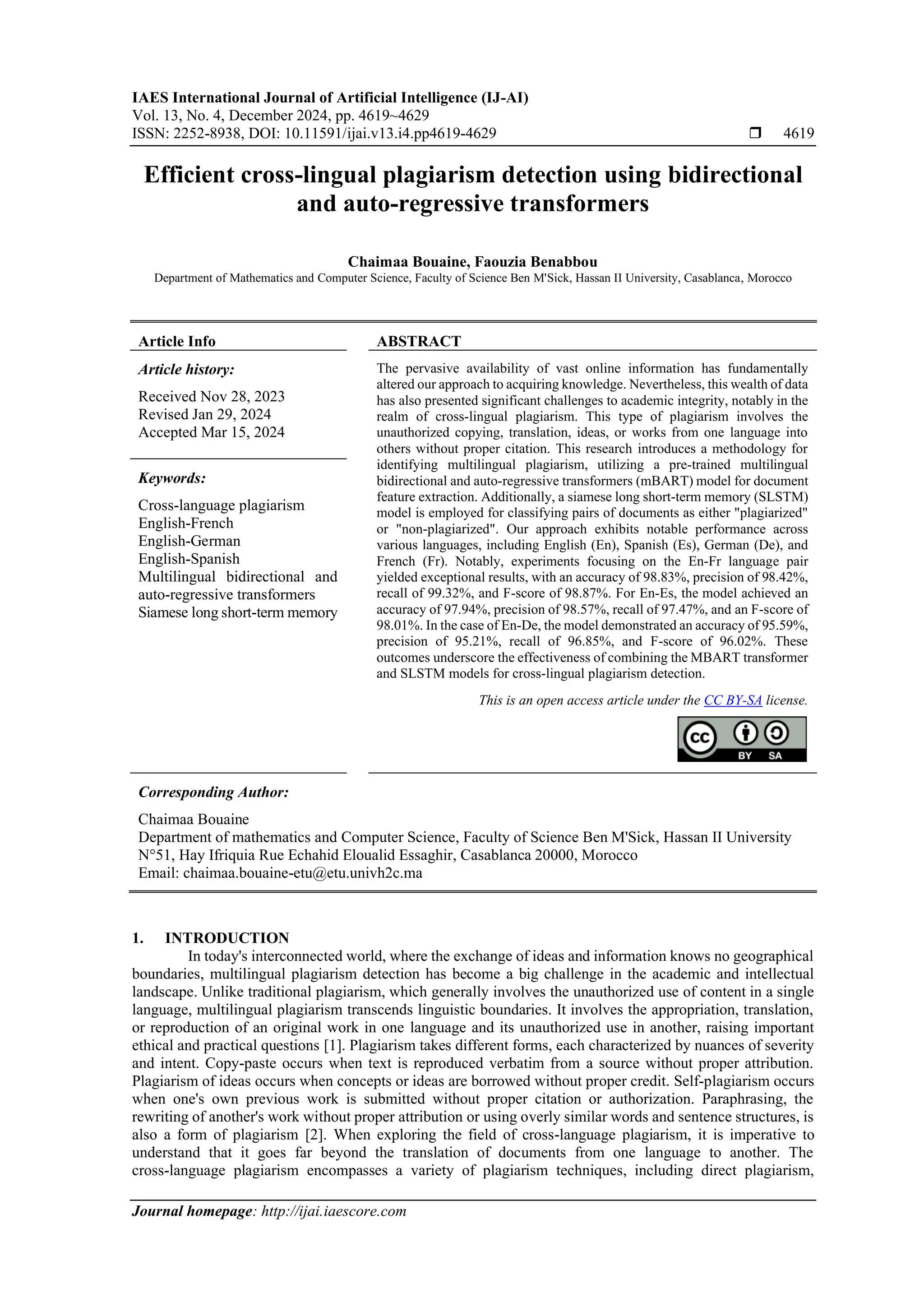 Efficient cross-lingual plagiarism detection using bidirectional and ...