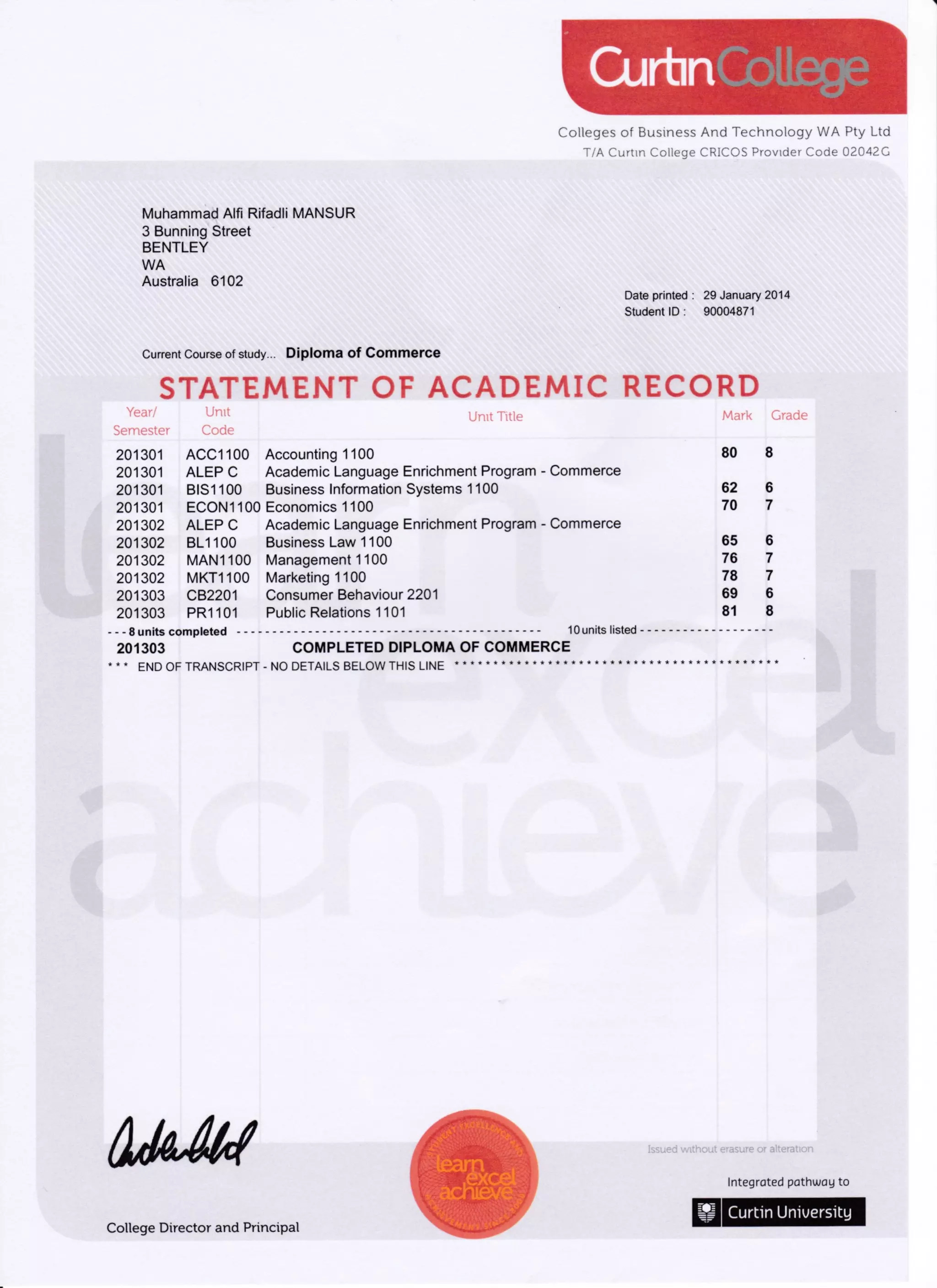 Curtin College Certificate | PDF