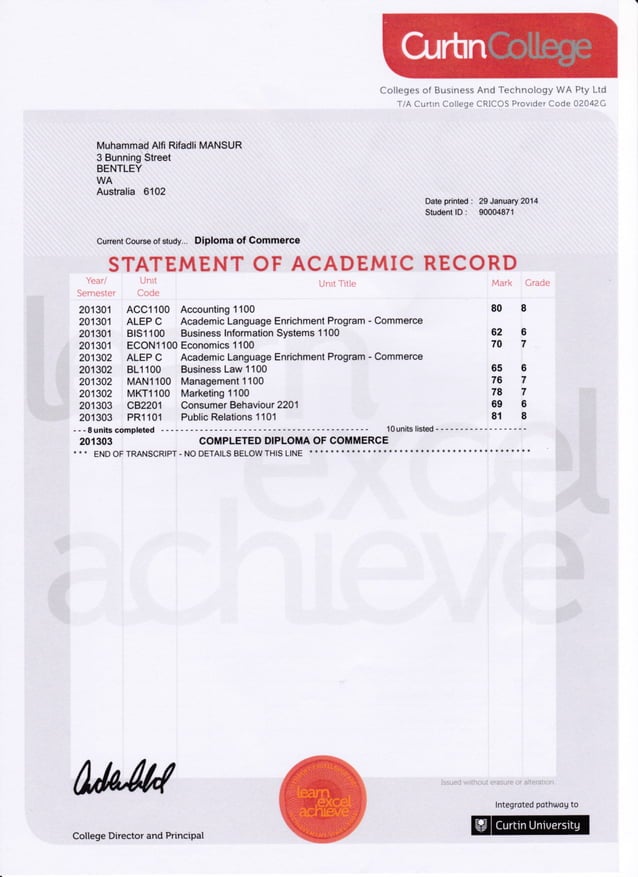 Curtin College Certificate | PDF | Graduation | Personal Celebrations & Life Events