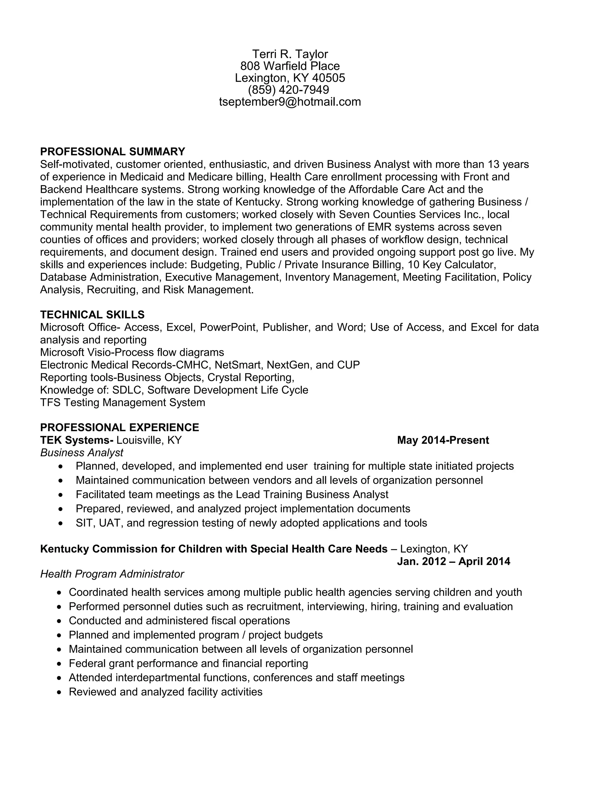 Terri Taylor Resume 2015 | DOC | Business | Business and Finance